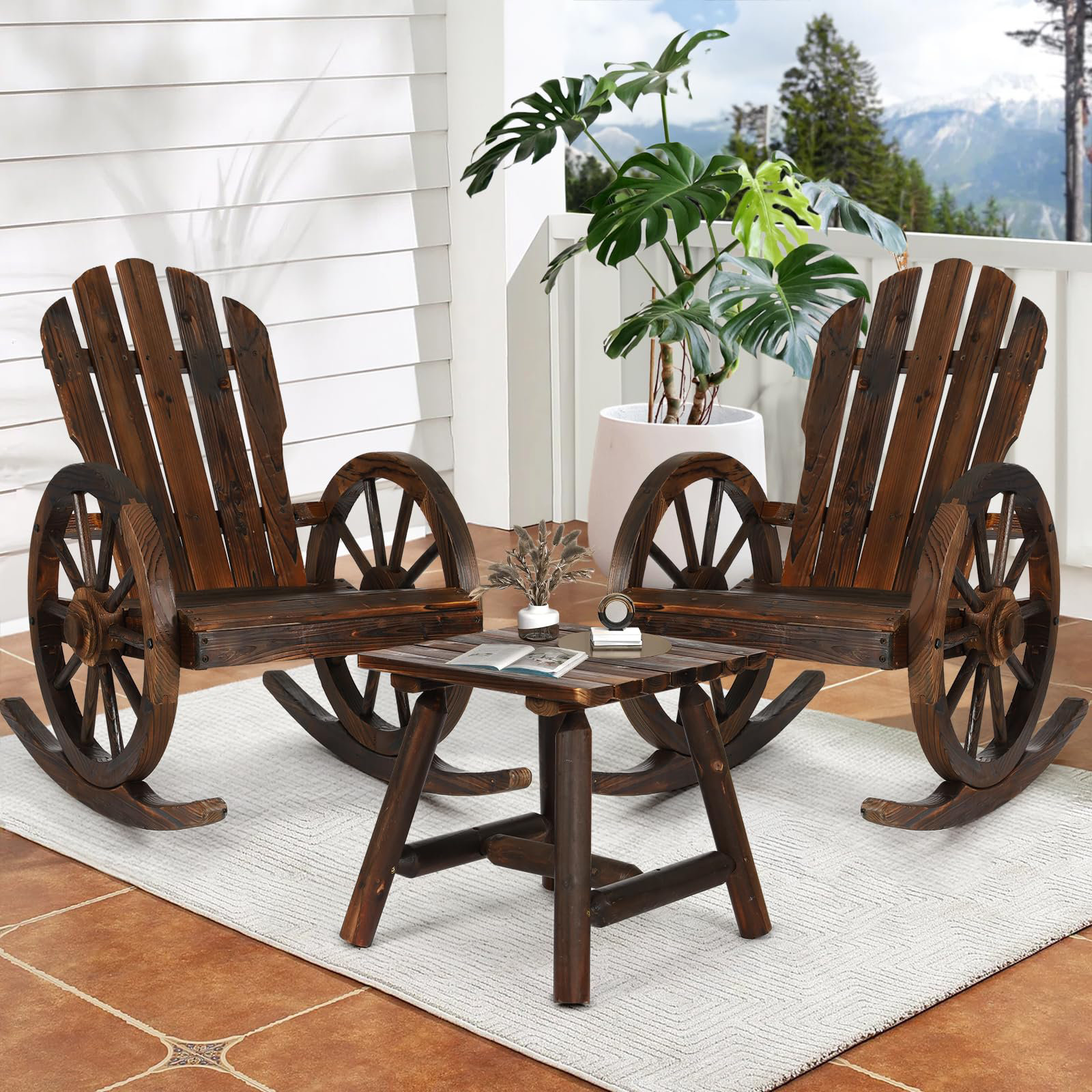 Millwood Pines 3-piece Wood Wagon Rocking Bistro Set, Outdoor ...