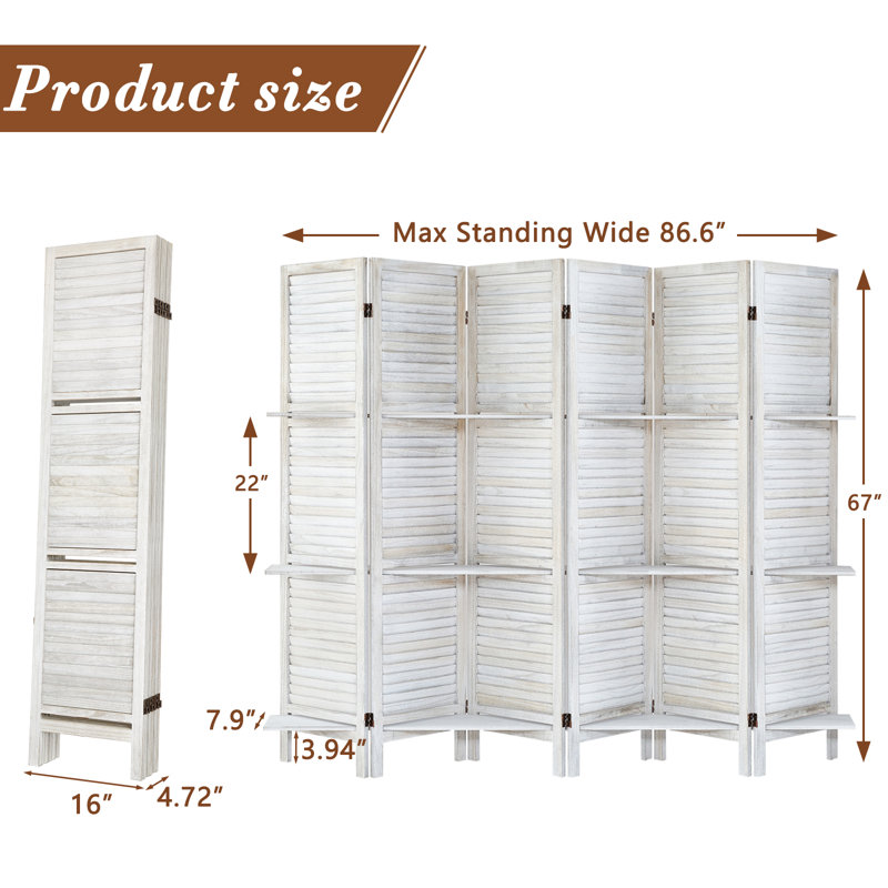 Beachcrest Home™ Genoveva 6 Panels Wood Room Divider with Shelves ...