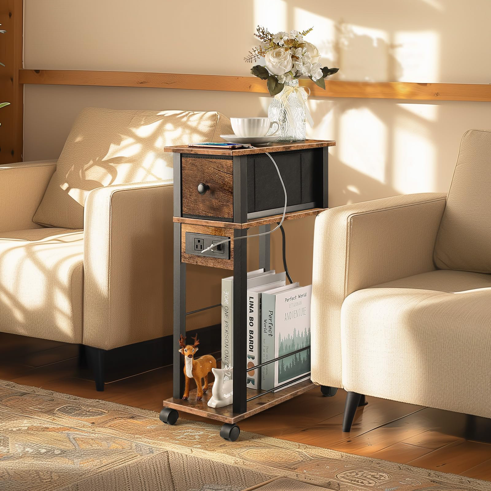 17 Stories Rustic Side Table With Charging Station & Drawer For Small ...