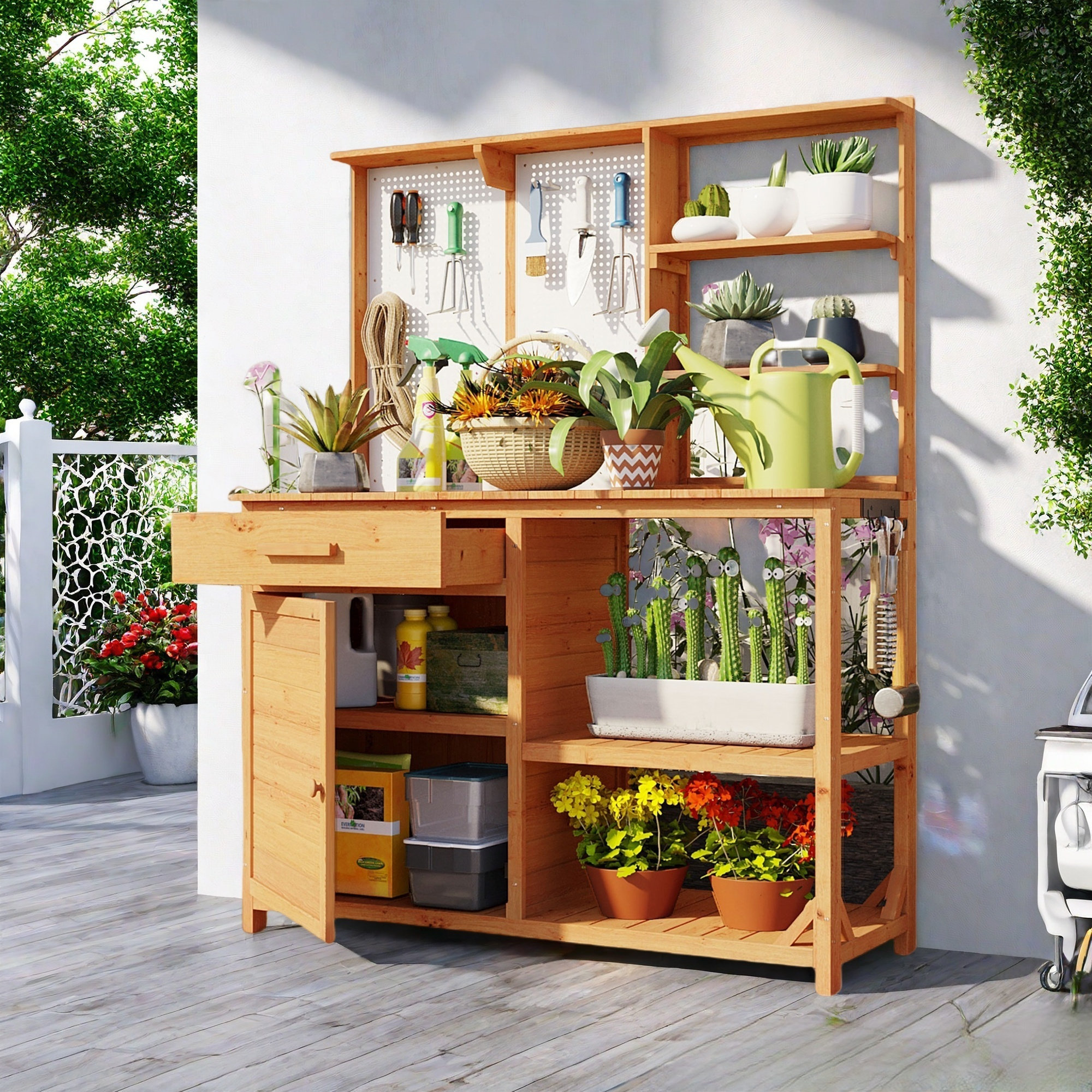 Arlmont & Co. Wood Potting Bench With Hutch, Garden Workstation For ...