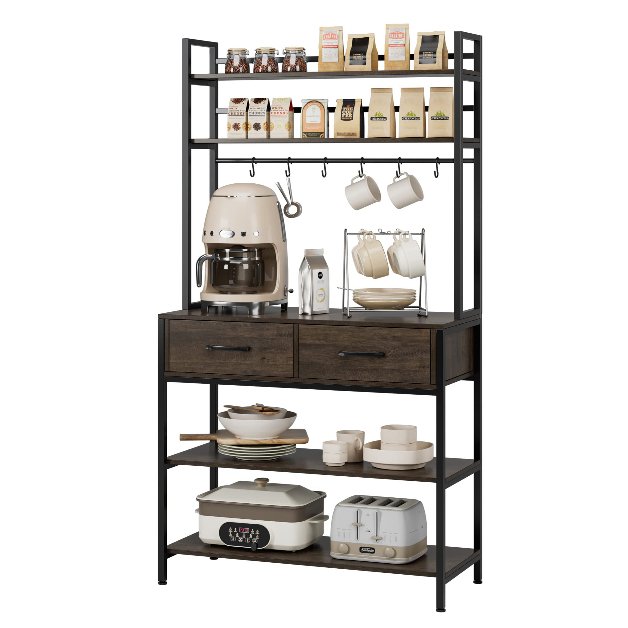 17 Stories Industrial 5-Tier Kitchen Bakers Rack with 2 Drawers, with ...