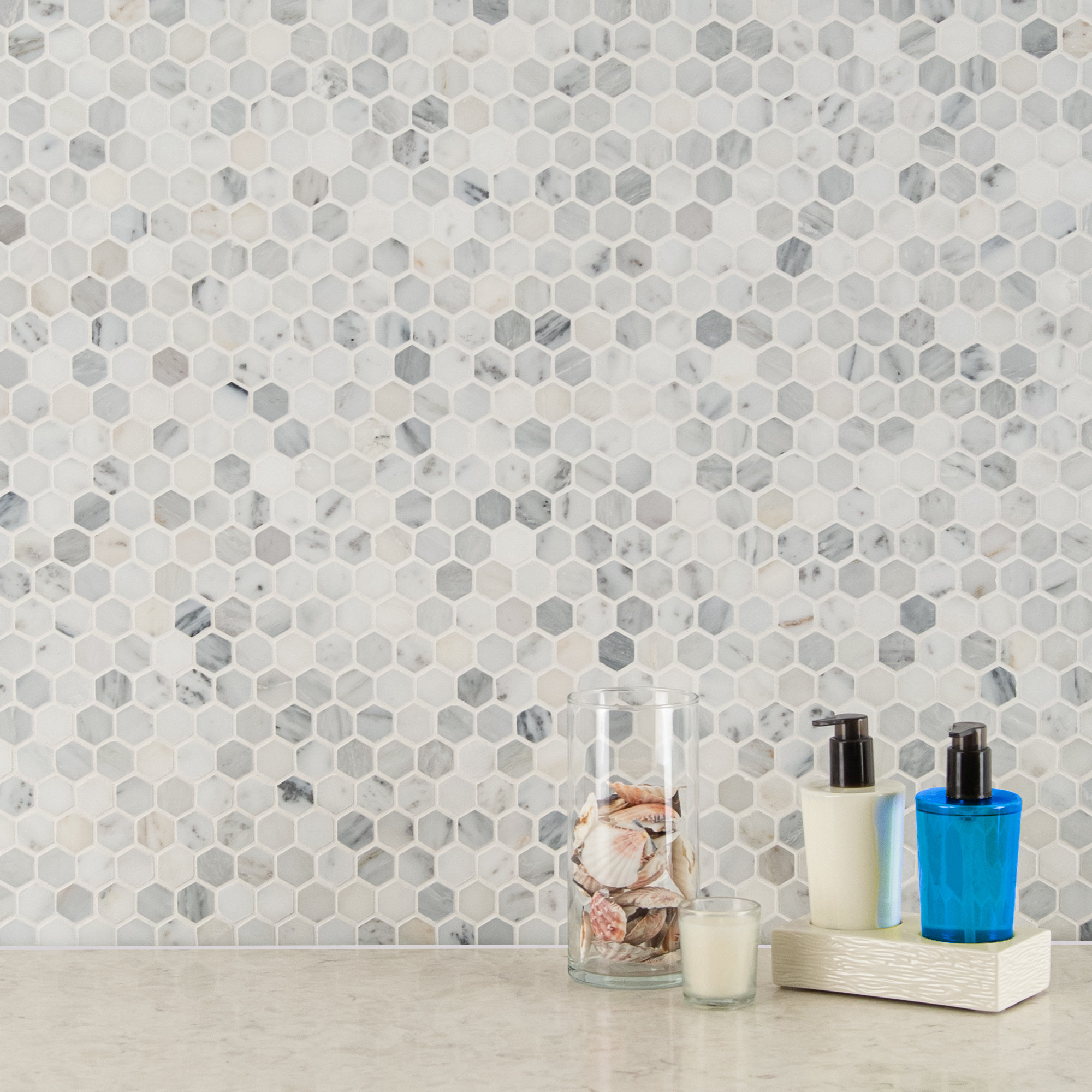 Ackland Iona Mist Hexagon 12 in. x 12 in. Polished Marble Mosaic Floor ...