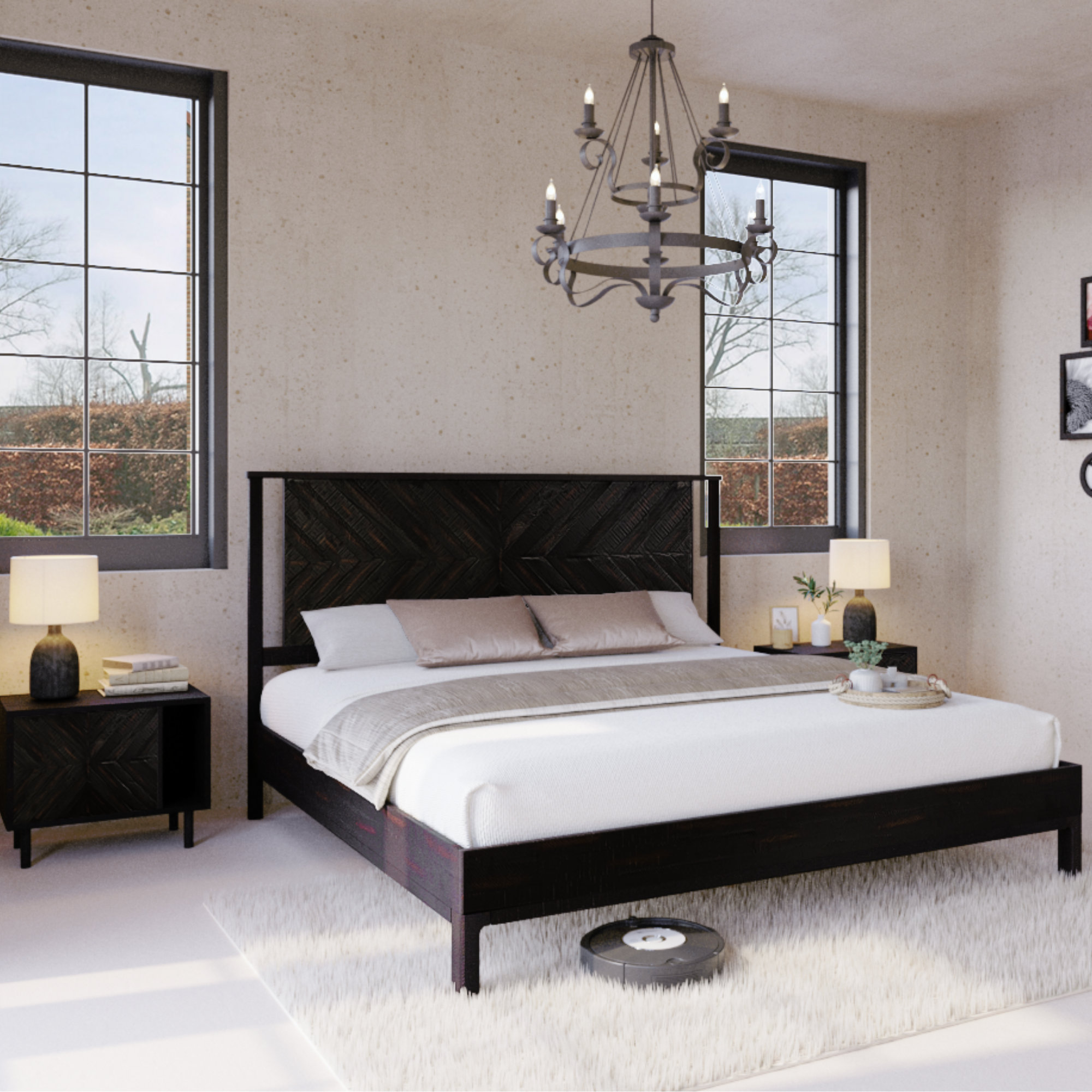 Millwood Pines Vivian Solid Wood Bed with Headboard, Rustic Black Wood ...
