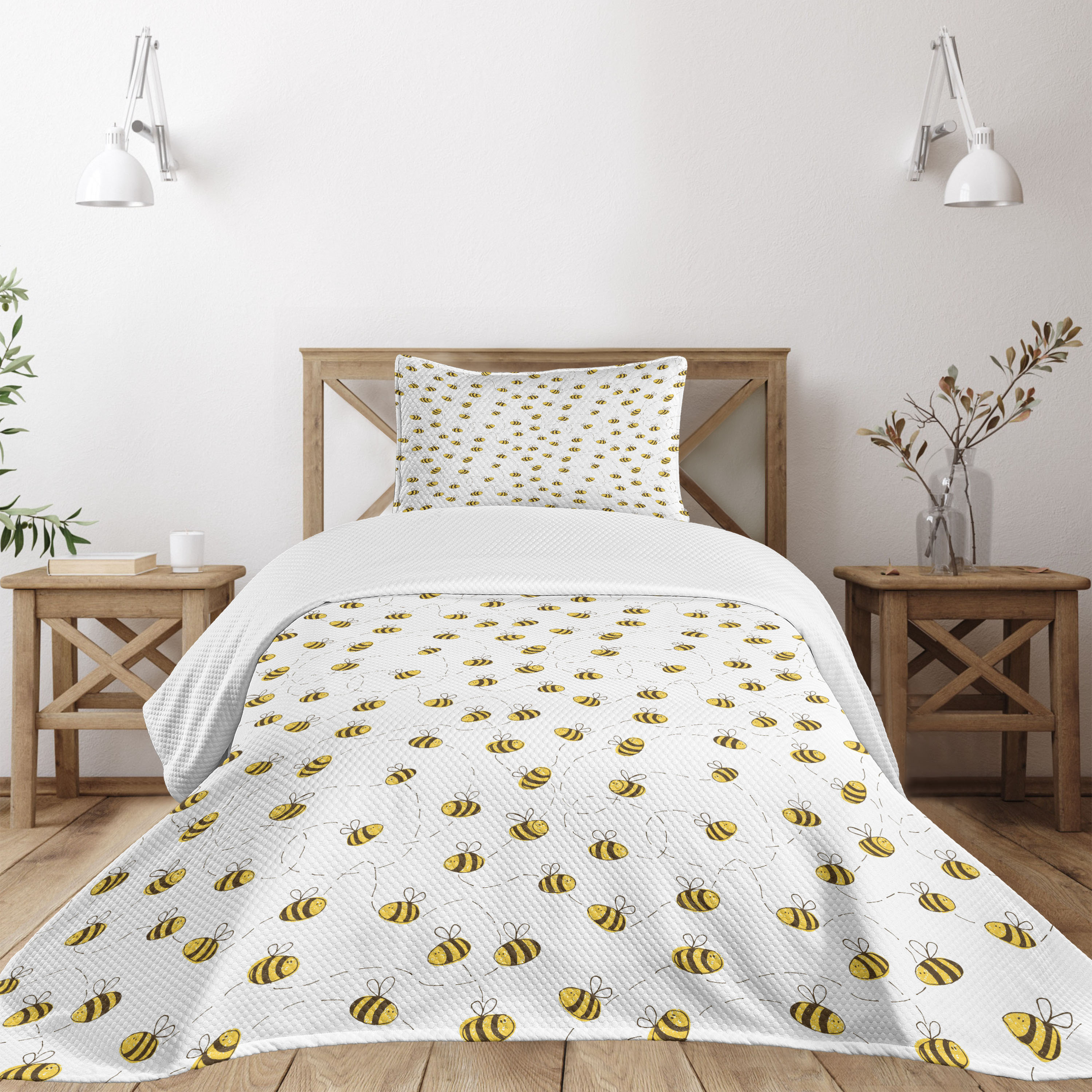 Ambesonne Bee Bedspread Set Simple Doodle Flying Bee Brown Yellow White ...