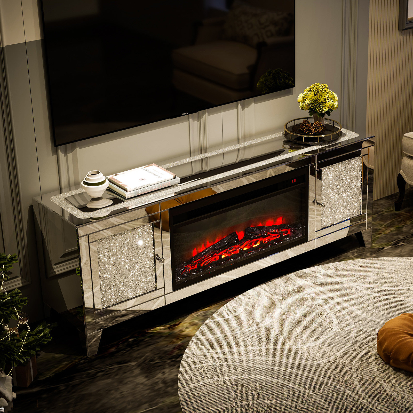 Mercer41 Bideford Tall Mirrored Silver Fireplace Tv Stand For 65 Inch ...