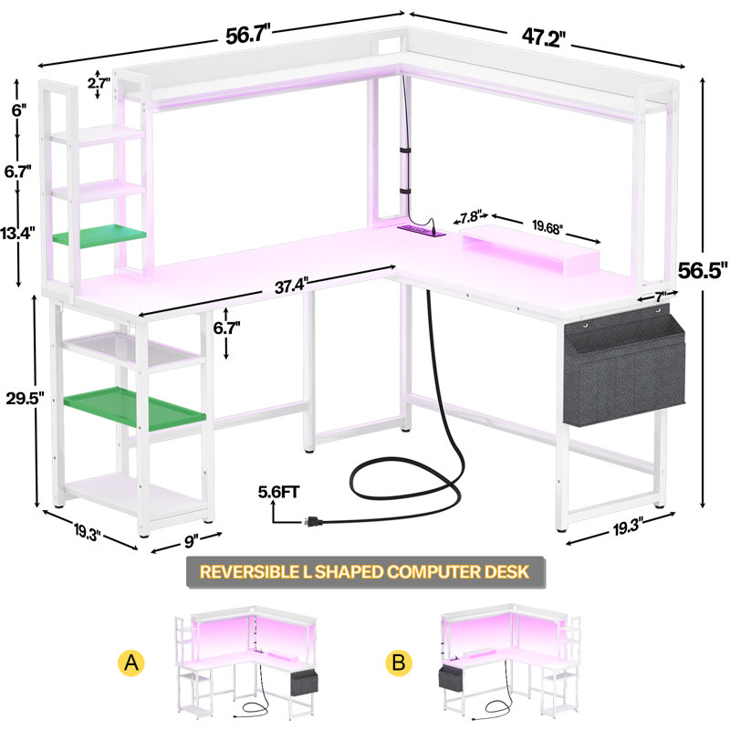 Wrought Studio™ Bianco L-Shaped Desk with Hutch & Power Outlet, Gaming ...