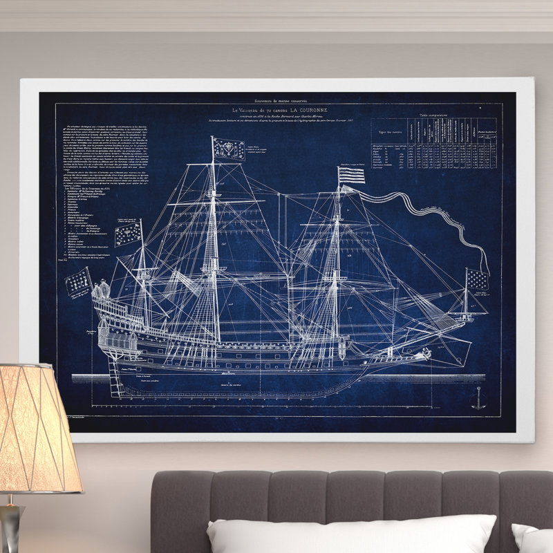 Wexford Home Vintage Sailing Ship Blue Sketch - Graphic Art Print on ...