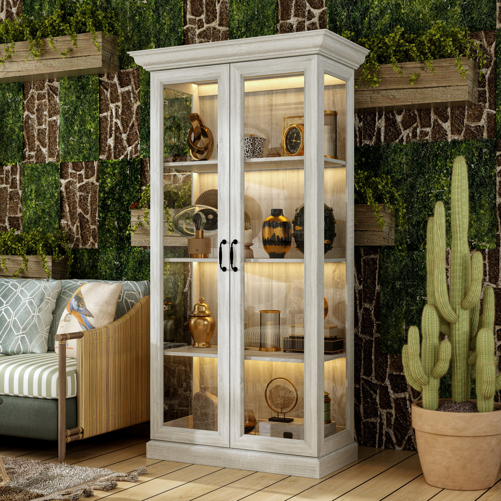 Wrought Studio™ 69.3'' H Grey Oak Glass Door Display Cabinet With Warm ...