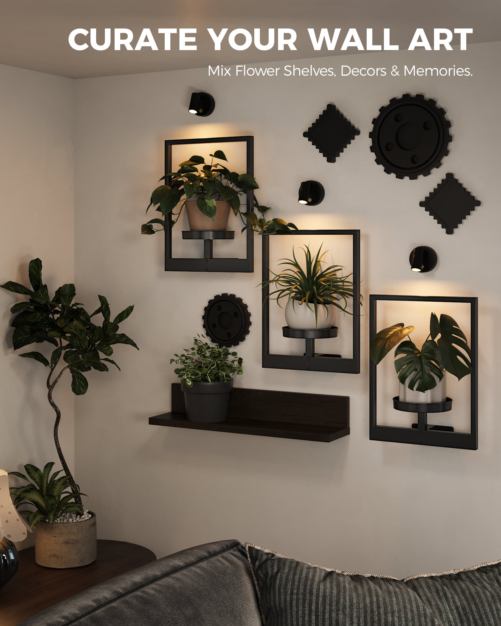 Arlmont & Co. Indoor Plant Stand with 3 Spotlights, Wall-Mounted ...