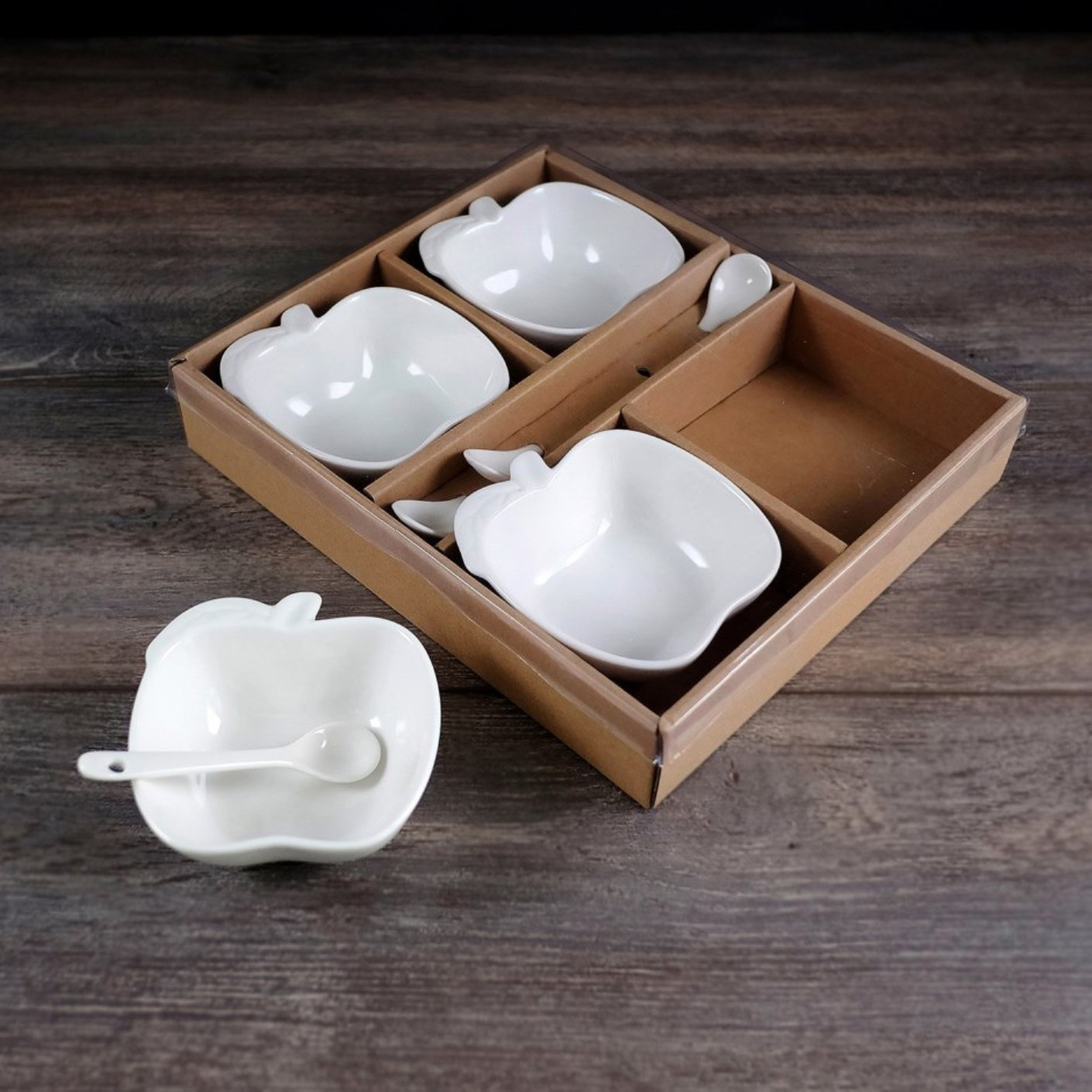 Ebern Designs Apple Shaped Porcelain Snack Bowl With Spoon, Set Of 4 ...