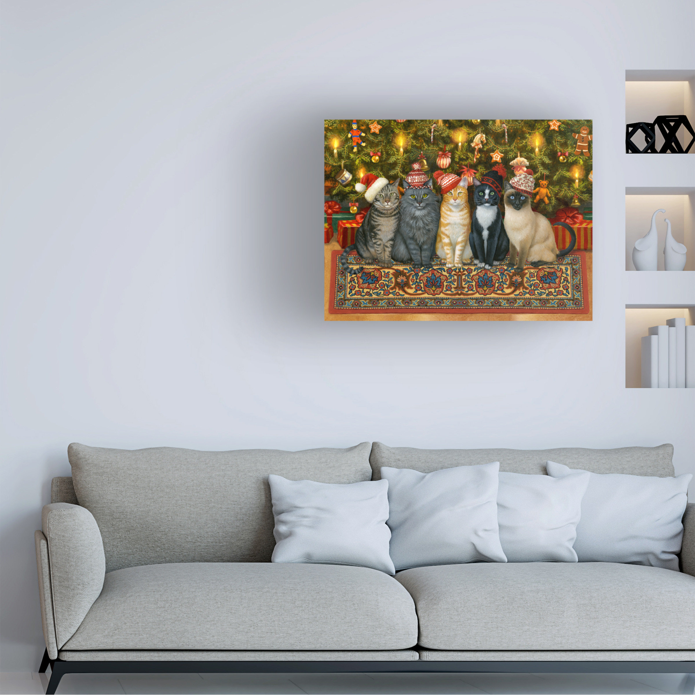 The Holiday Aisle® Cats In Christmas Hat - Unframed on Canvas | Wayfair