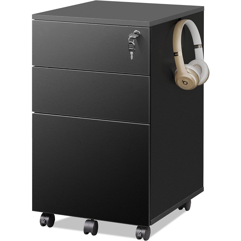 Inbox Zero 3 Drawer File Cabinet With Lock, Small Rolling Filing ...