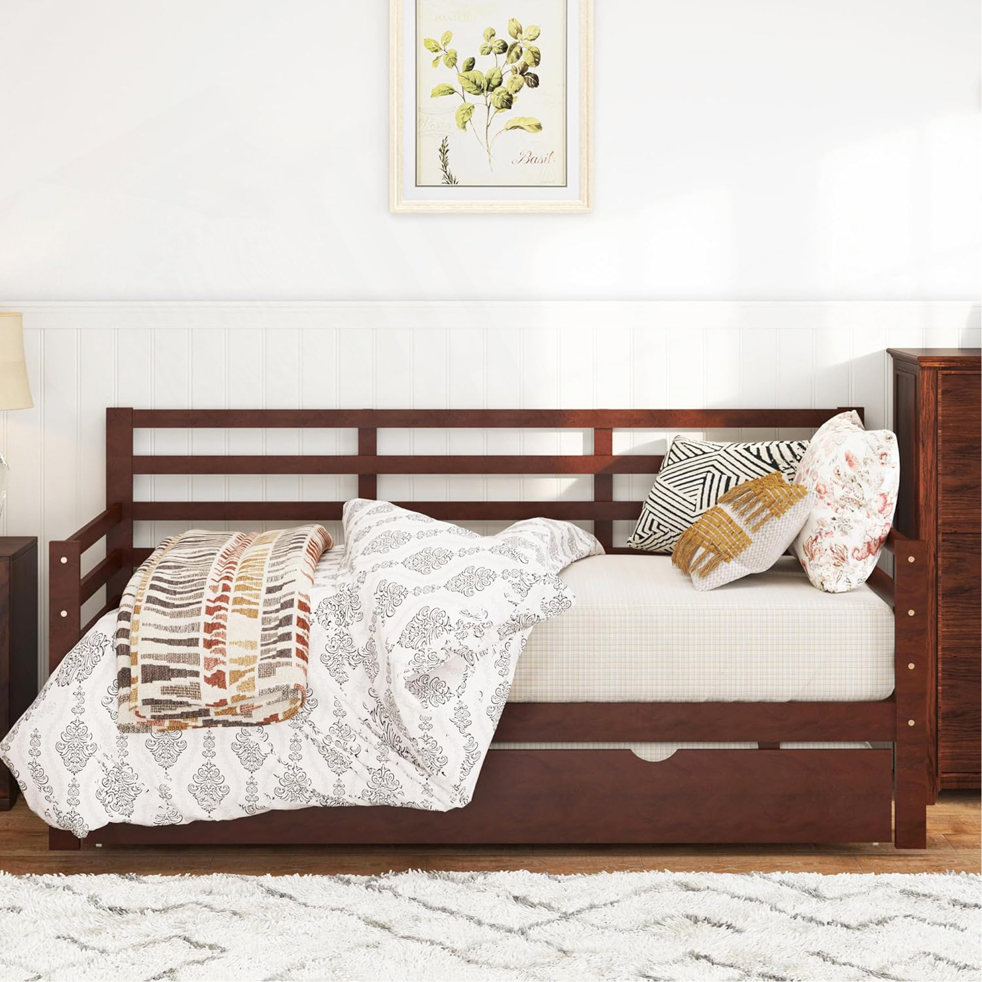 George Oliver Daybed With Trundle & Guardrails - Brown Pine Wood Bed ...
