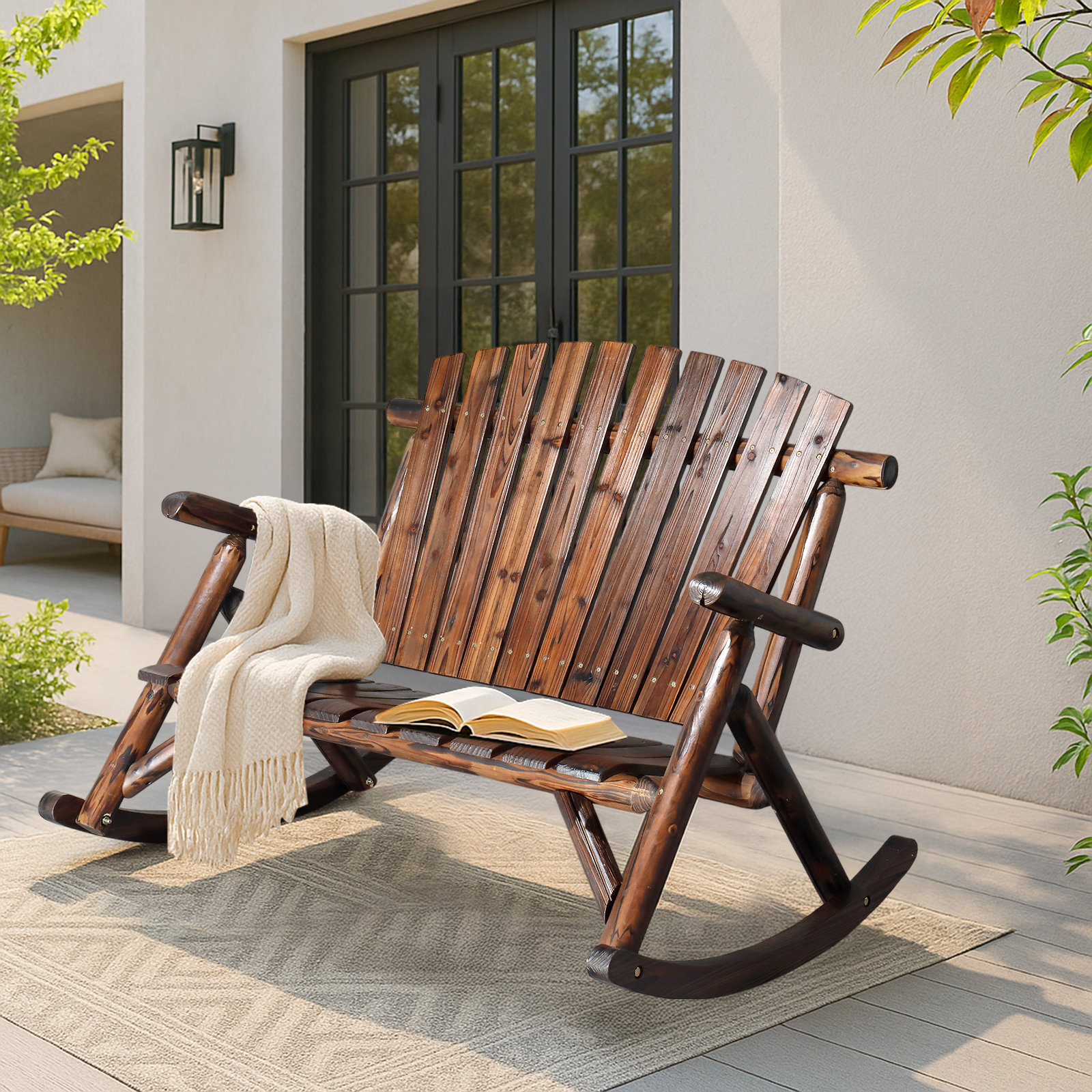 Ophelia & Co. 47-Inch Patio Rustic Wooden 2-Person Rocking Bench ...