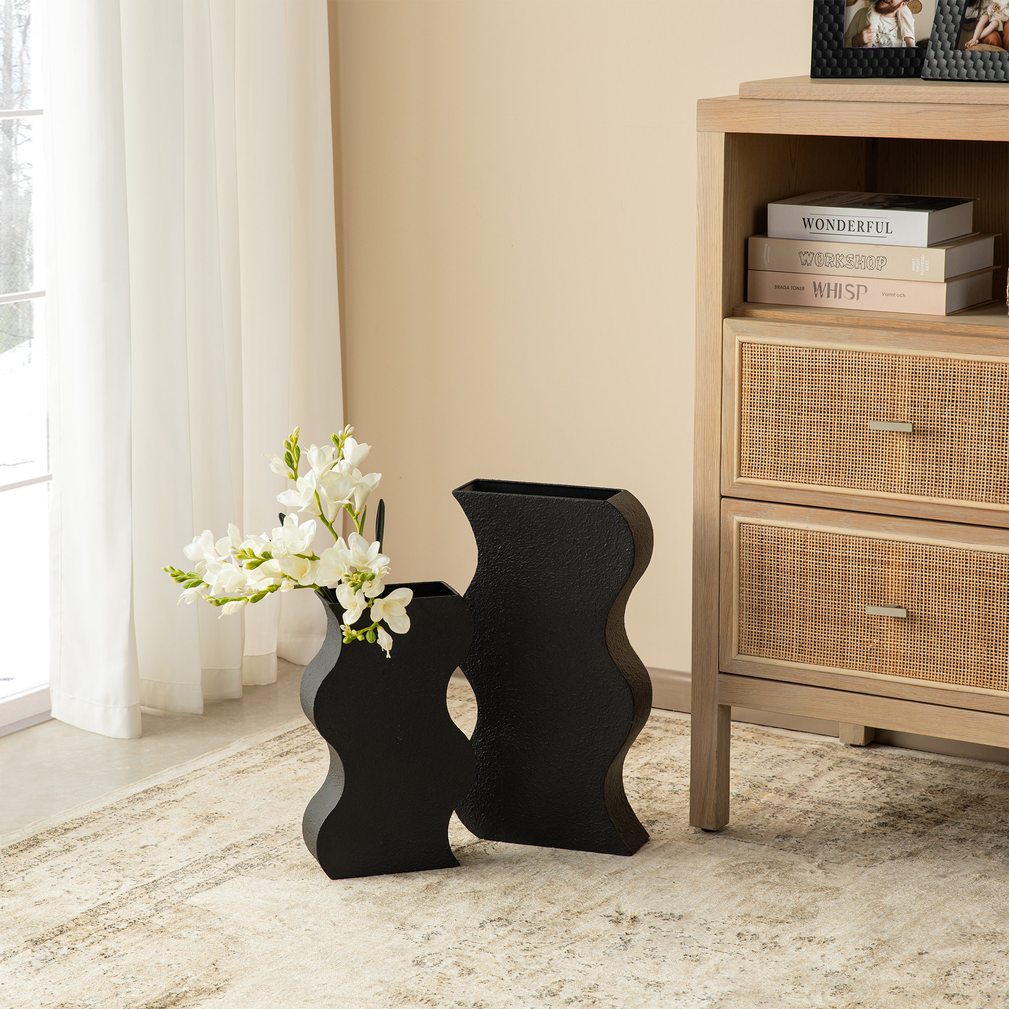 Ivy Bronx Modern Black Textured Ripple Metal Vase Floor Vase & Reviews | Wayfair