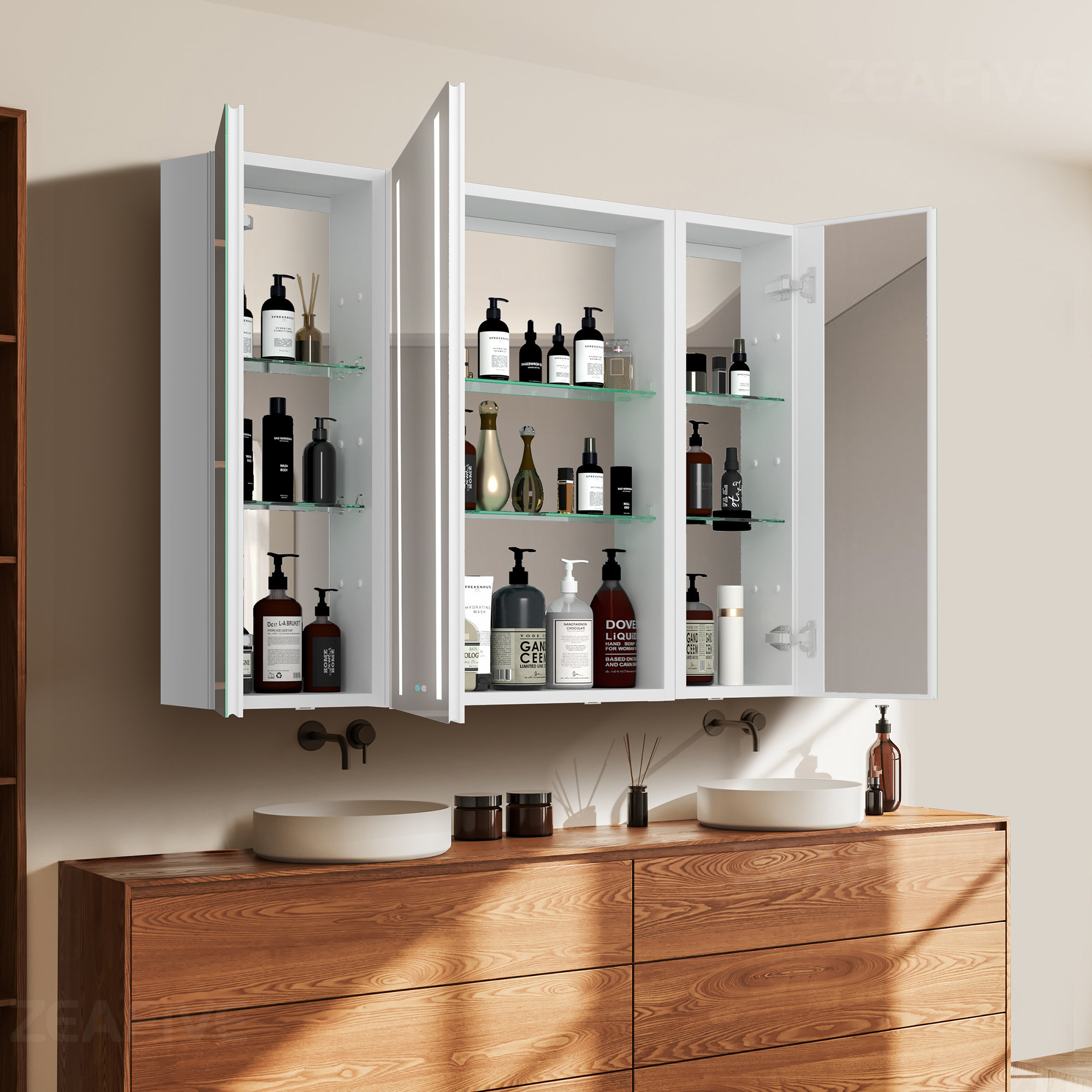 ZEAFIVE Surface Frameless 3 Door Medicine Cabinet Adjustable with ...
