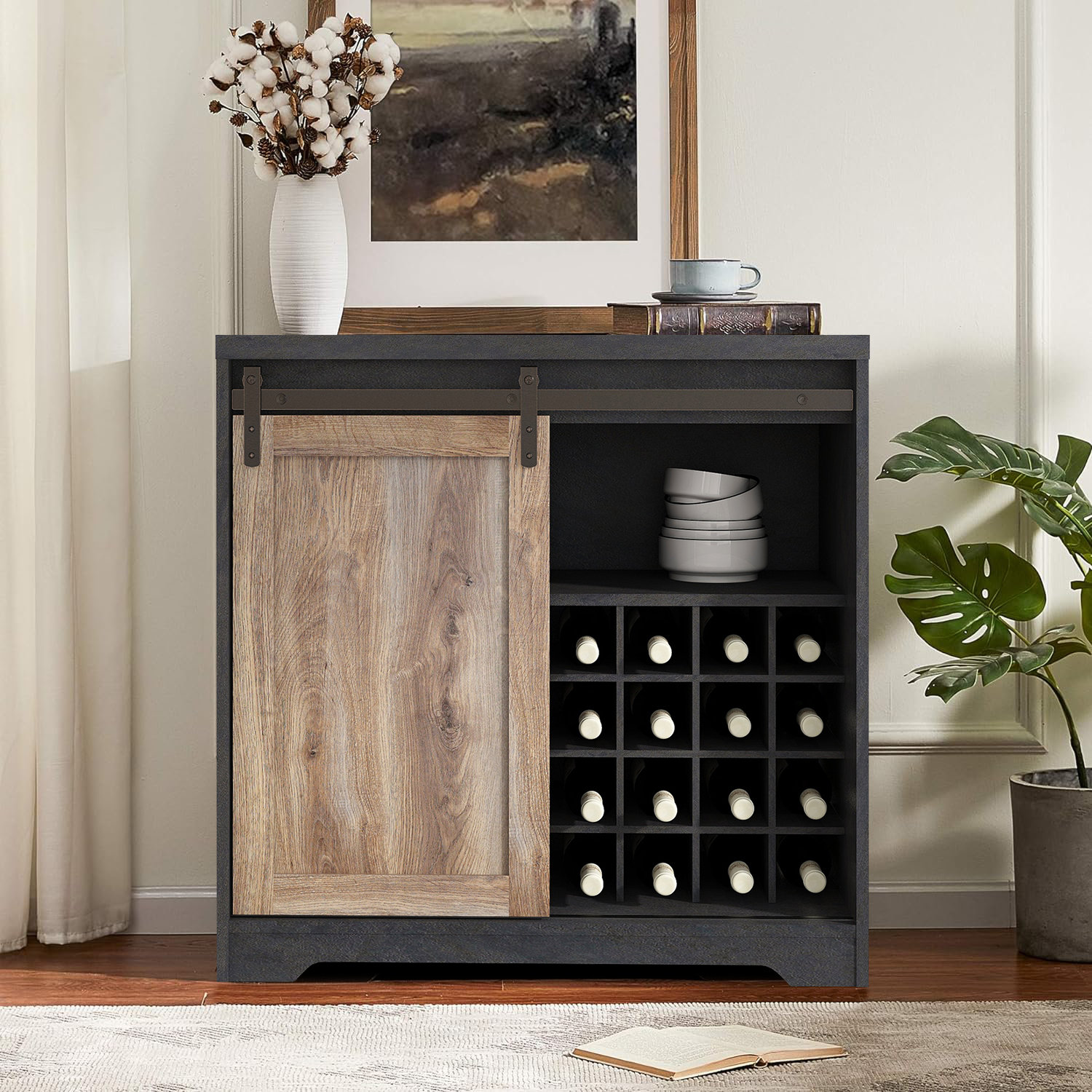 Gracie Oaks Nesanel Vintage Style Bar Cabinet with Barn Door and Wine ...