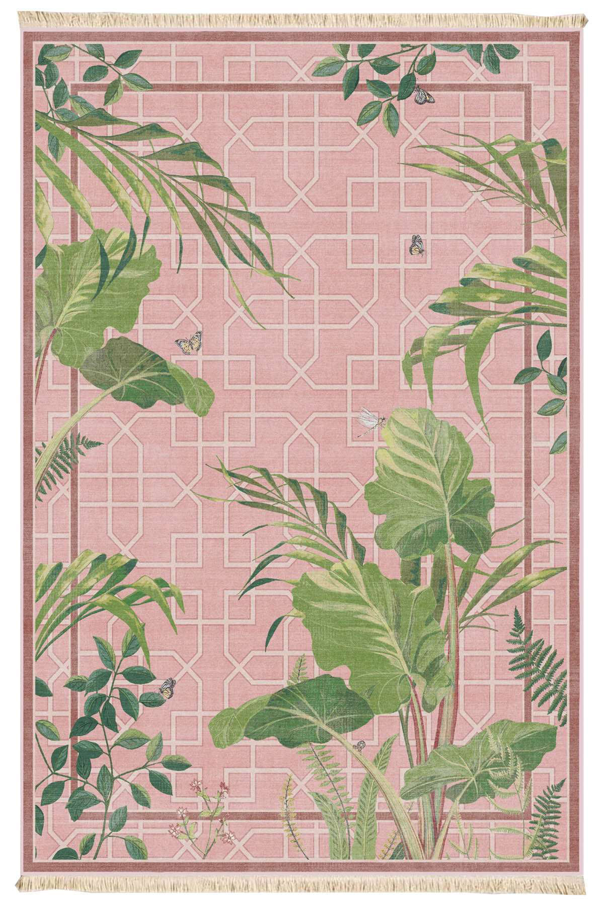 Dakota Fields Pink Tropical Lattice & Leaf Print Area Rug | Wayfair