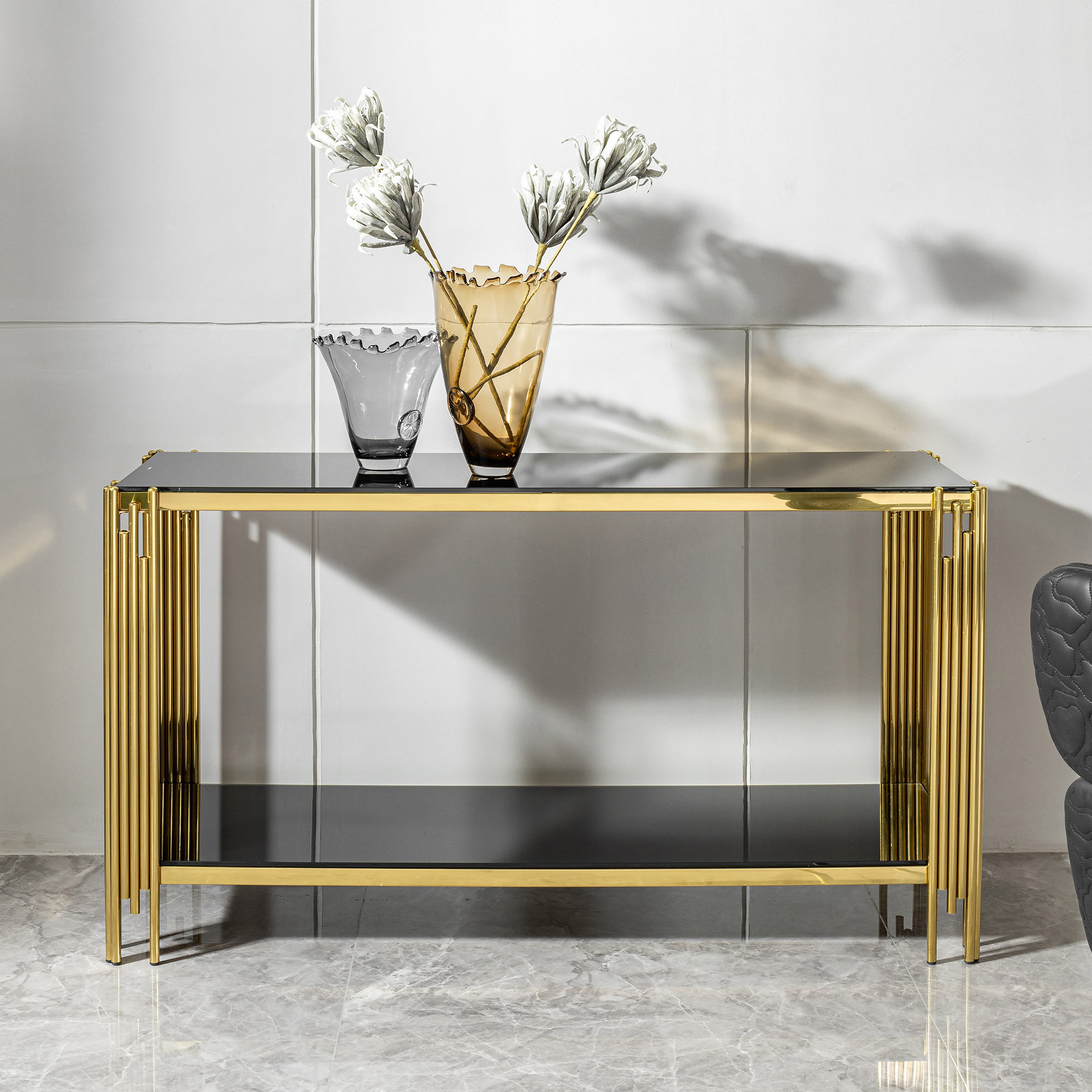Everly Quinn Top And Bottom Double Layer Tempered Glass Console Table ...