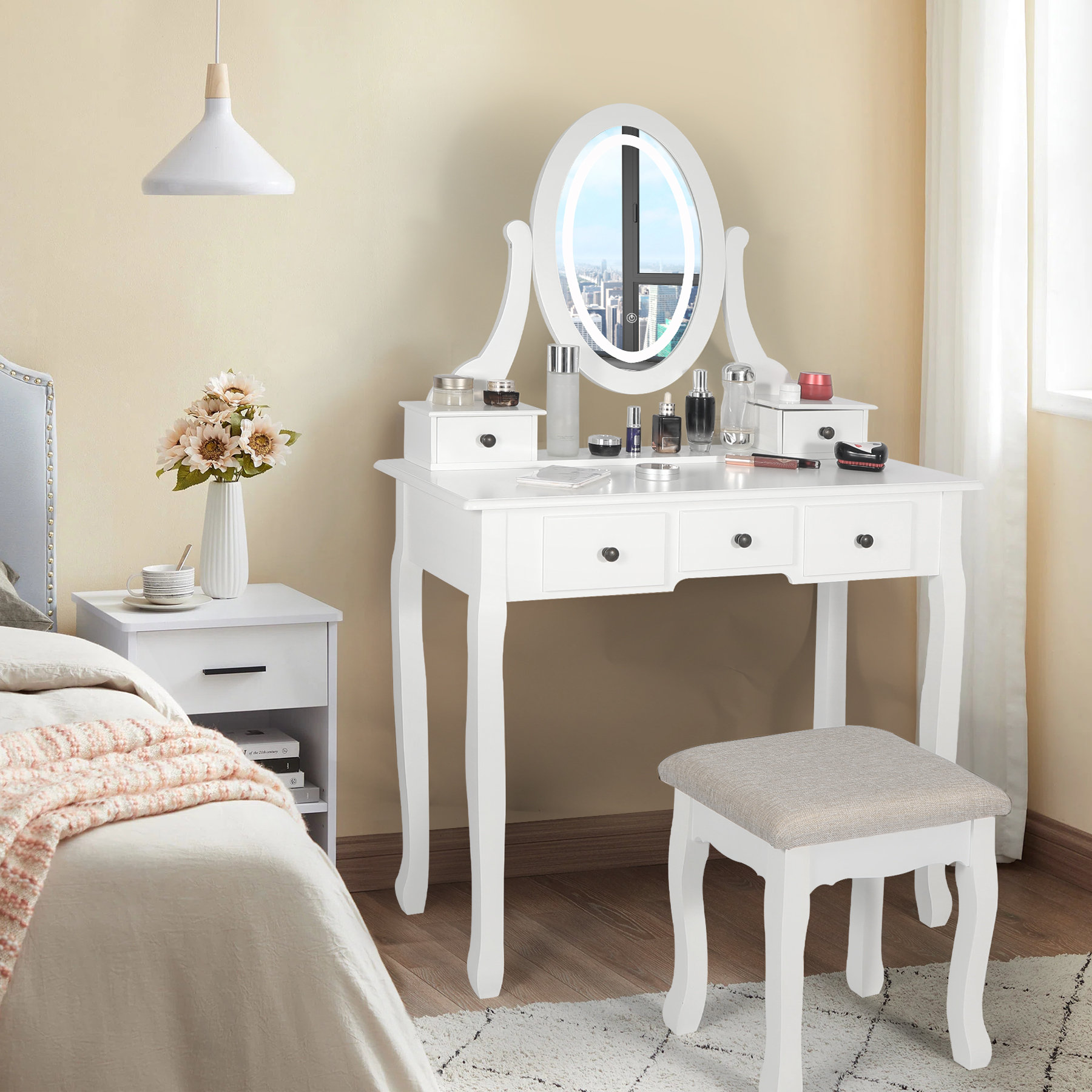 House of Hampton® Calliope Vanity Desk with Oval Mirror and Lights ...