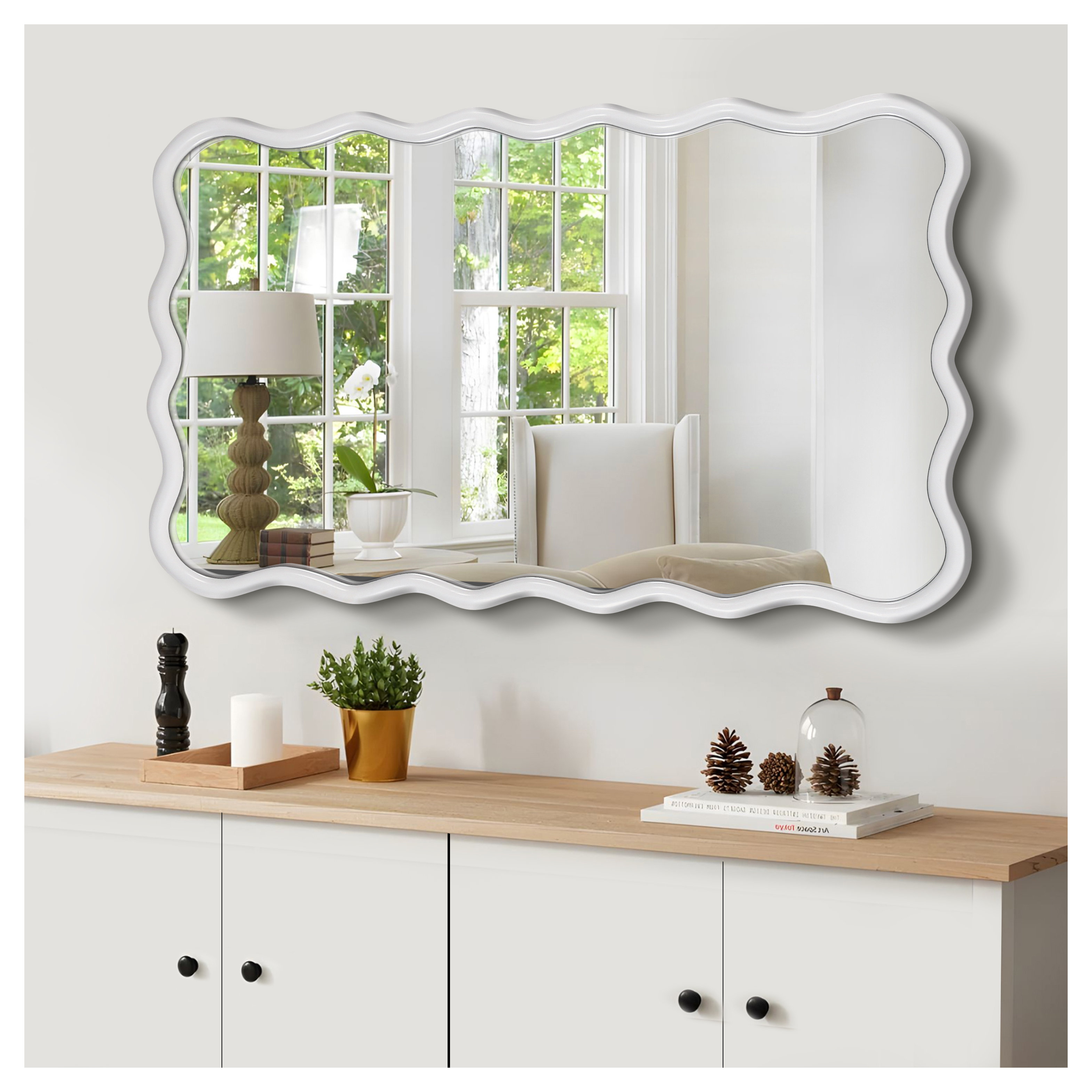 Ivy Bronx 40" x 28" Modern Wavy Rectangle Wall Mirror with Solid Wood ...