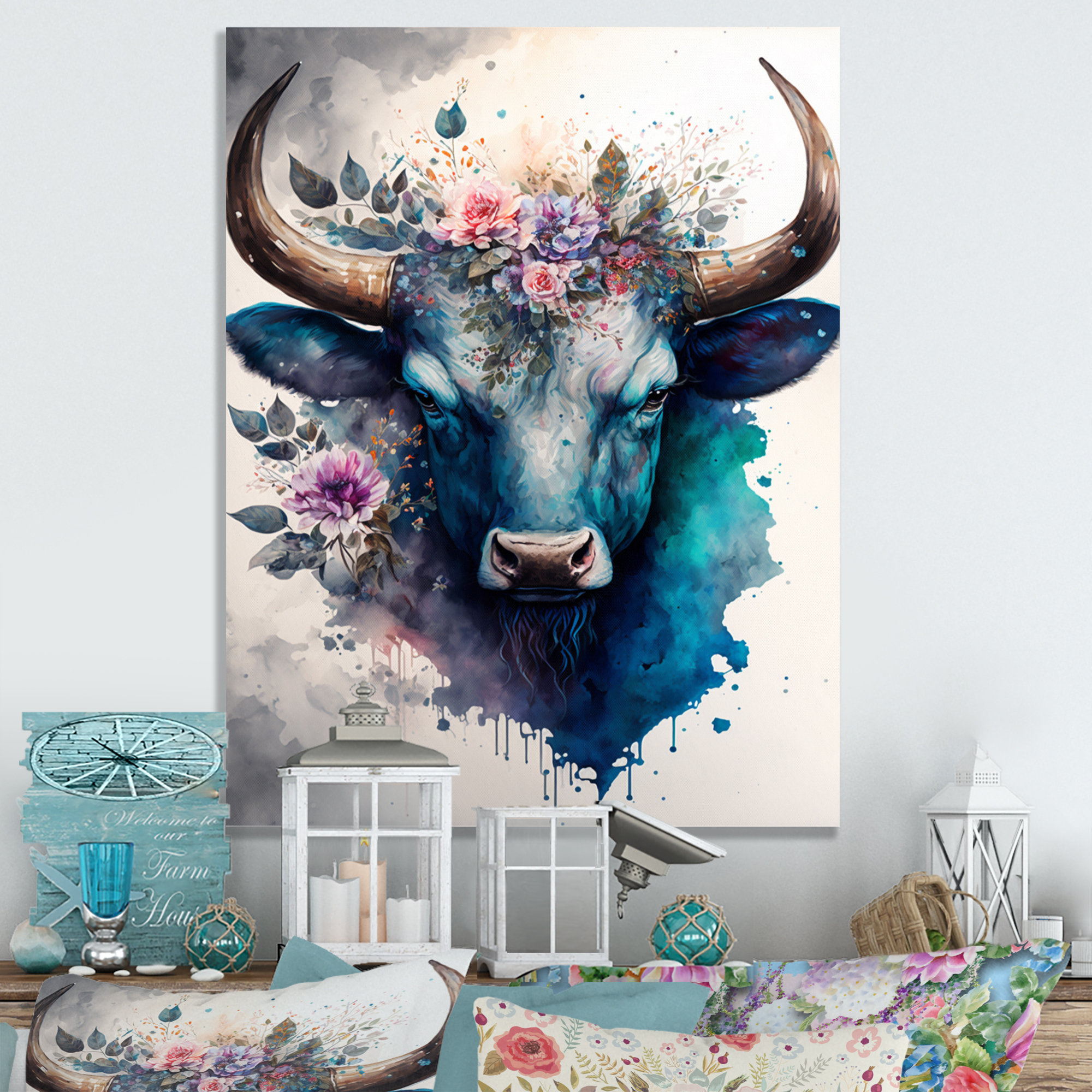 Millwood Pines Cute Taurus Floral Art I - Animals Canvas Wall Art | Wayfair