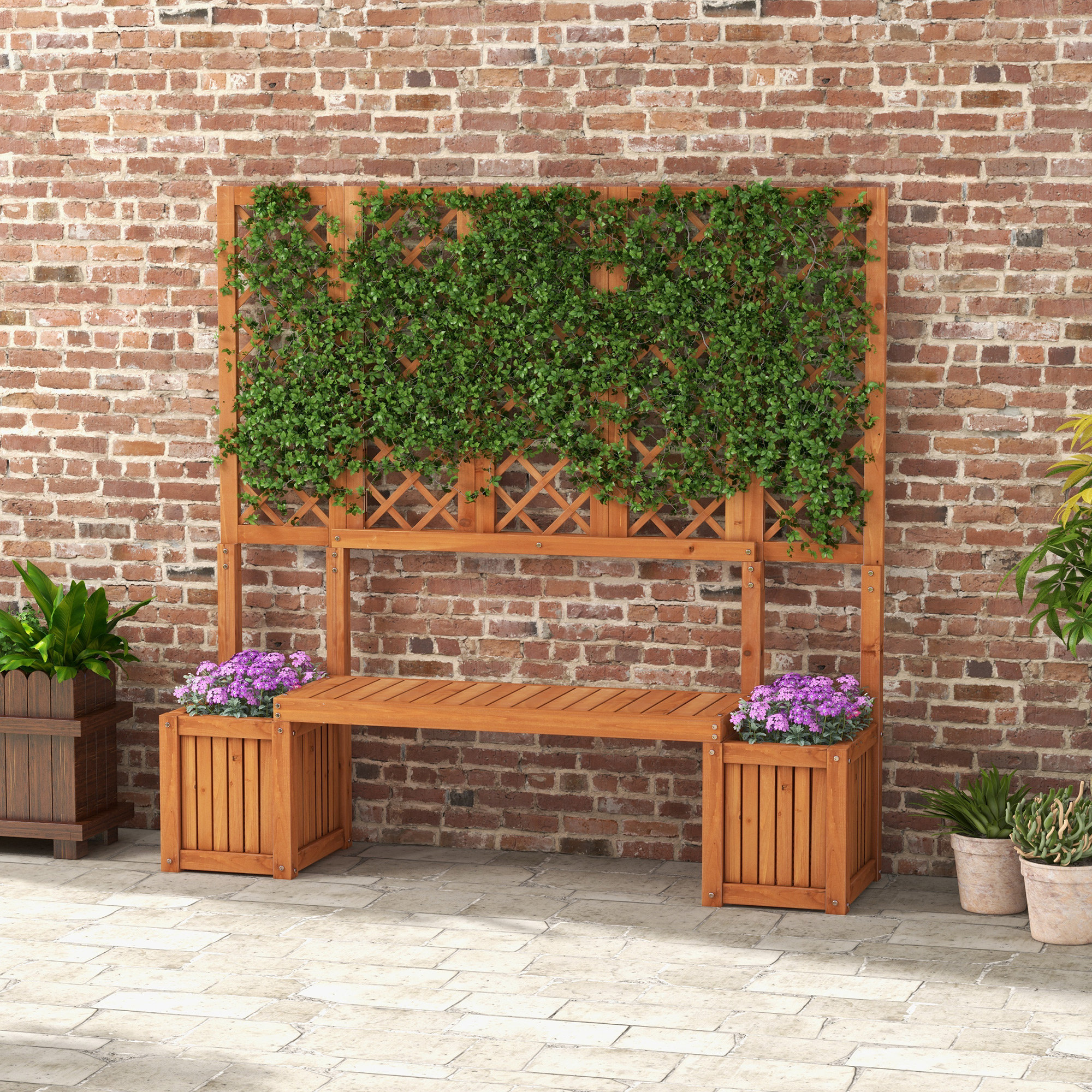 Outsunny Wood Garden Bench with Trellis and Planter Boxes for Patio ...