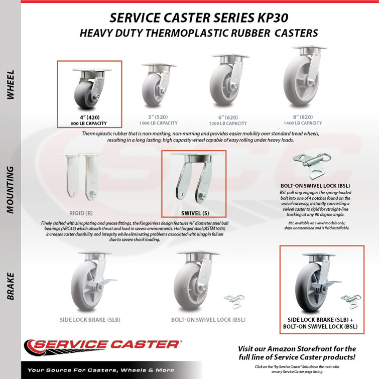 Service Caster 4 Inch Kingpinless Thermoplastic Wheel Caster Set with ...