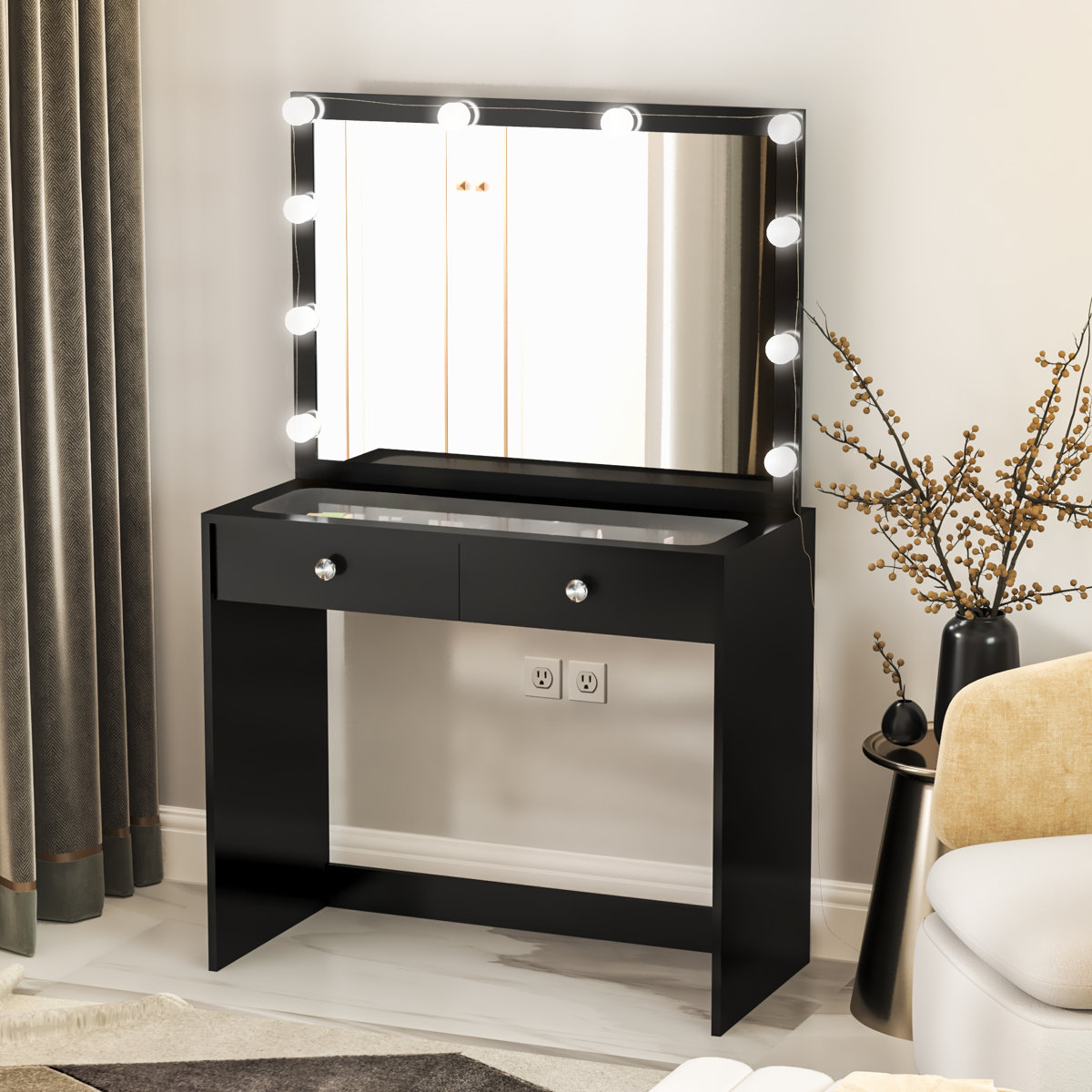 Boahaus LLC Boahaus Suri Modern Lighted Vanity Table, Big Mirror, 02 ...