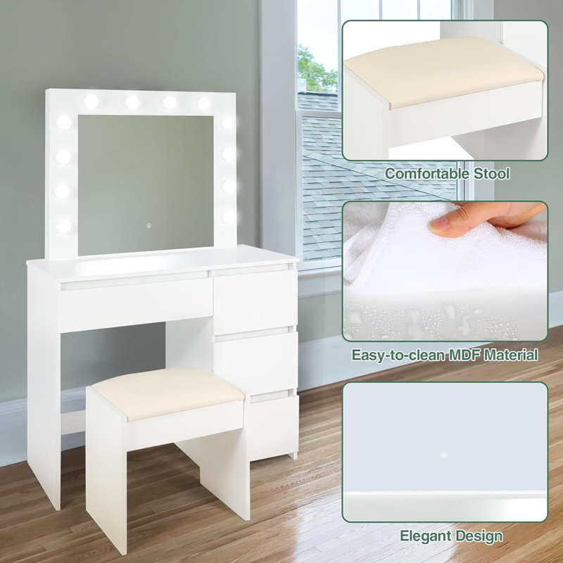 Latitude Run® White makeup vanity with holleywood mirror and led lights ...