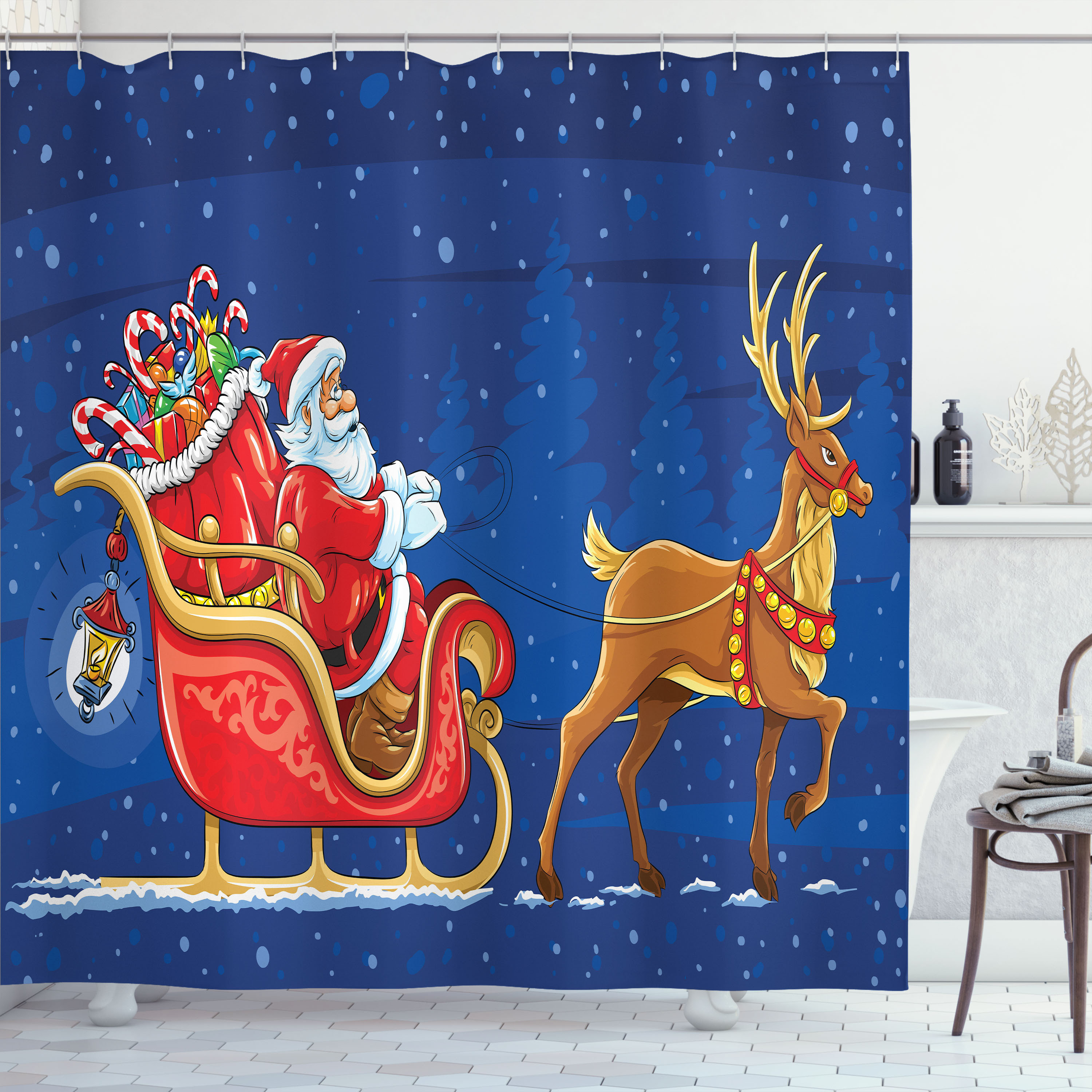 The Holiday Aisle® Santa Shower Curtain Moving on Sledge at Night Navy ...
