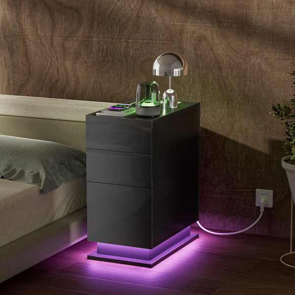 Wrought Studio Jamala Black Nightstand LED Light, End Table 3 Drawer ...