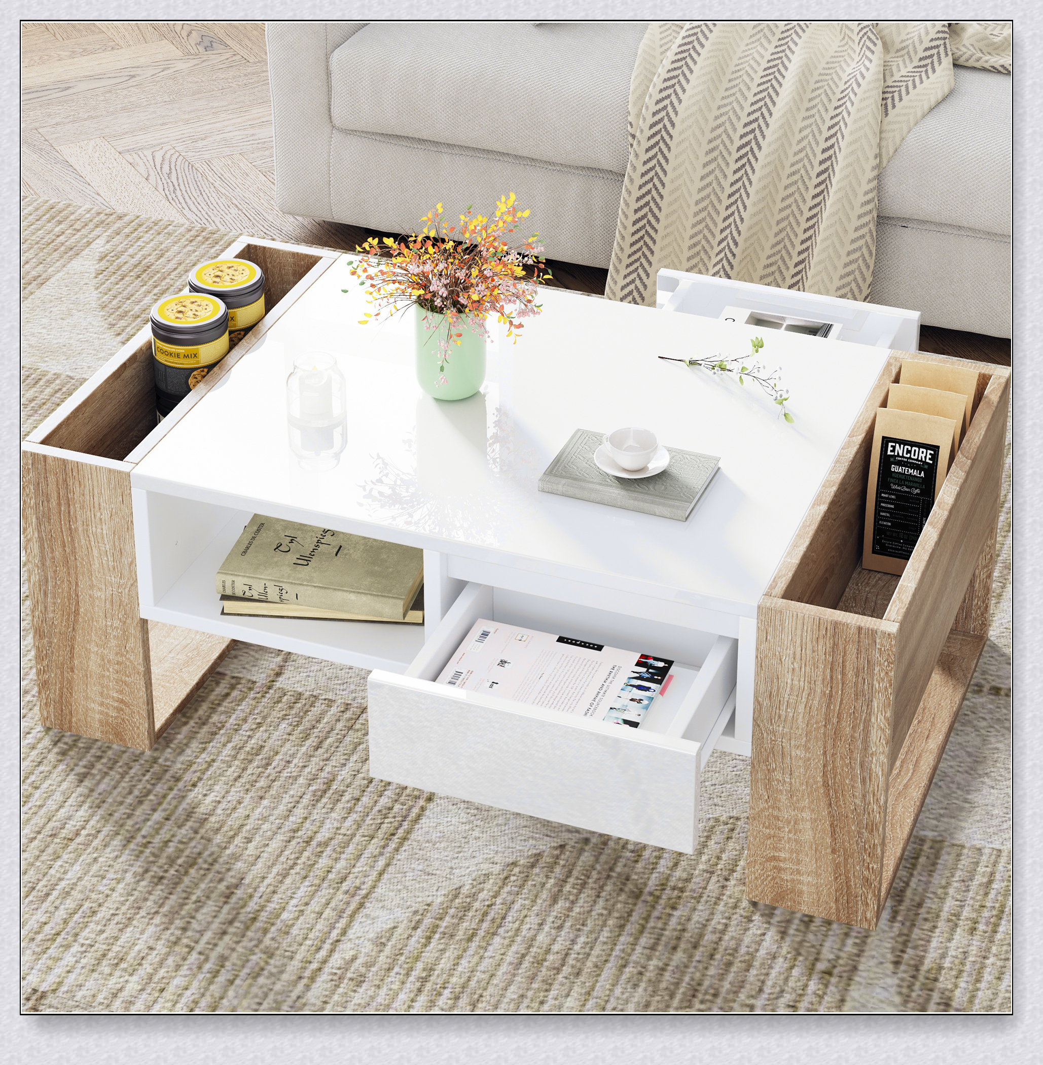 Ebern Designs High Glossy Coffee Table With 2 Drawers, Practical Two ...