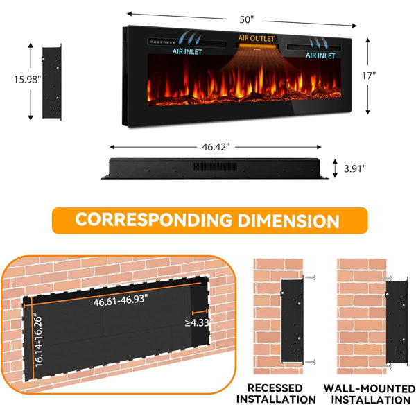 Symple Stuff 50 Inch Electric Fireplace in-Wall Recessed and Wall ...
