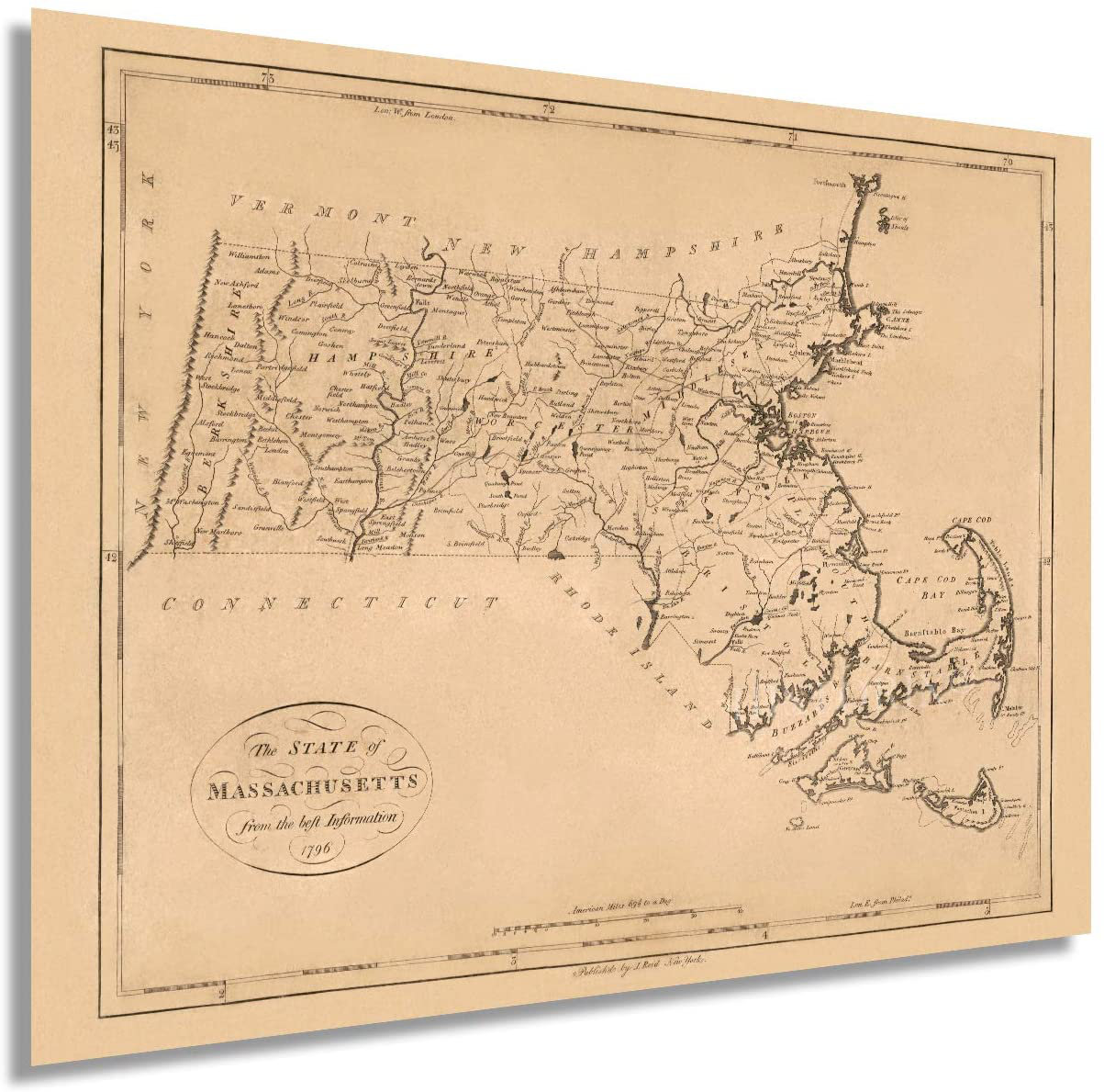 HISTORIC PRINTS Historix Vintage 1796 Map Of Massachusetts - 24X36 Inch ...
