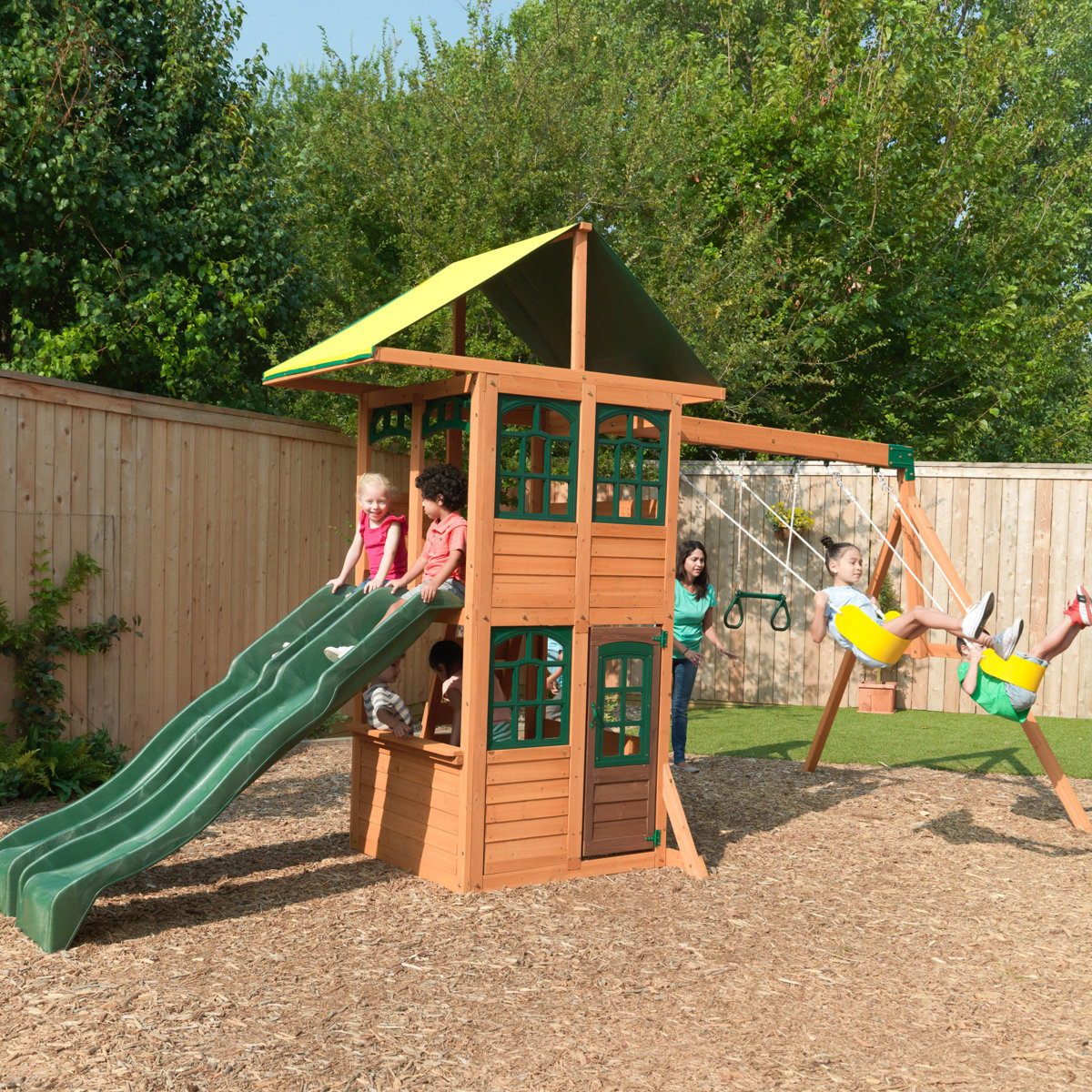 KidKraft Treasure Cove Wooden Swing Set with Slides and Rock Wall ...