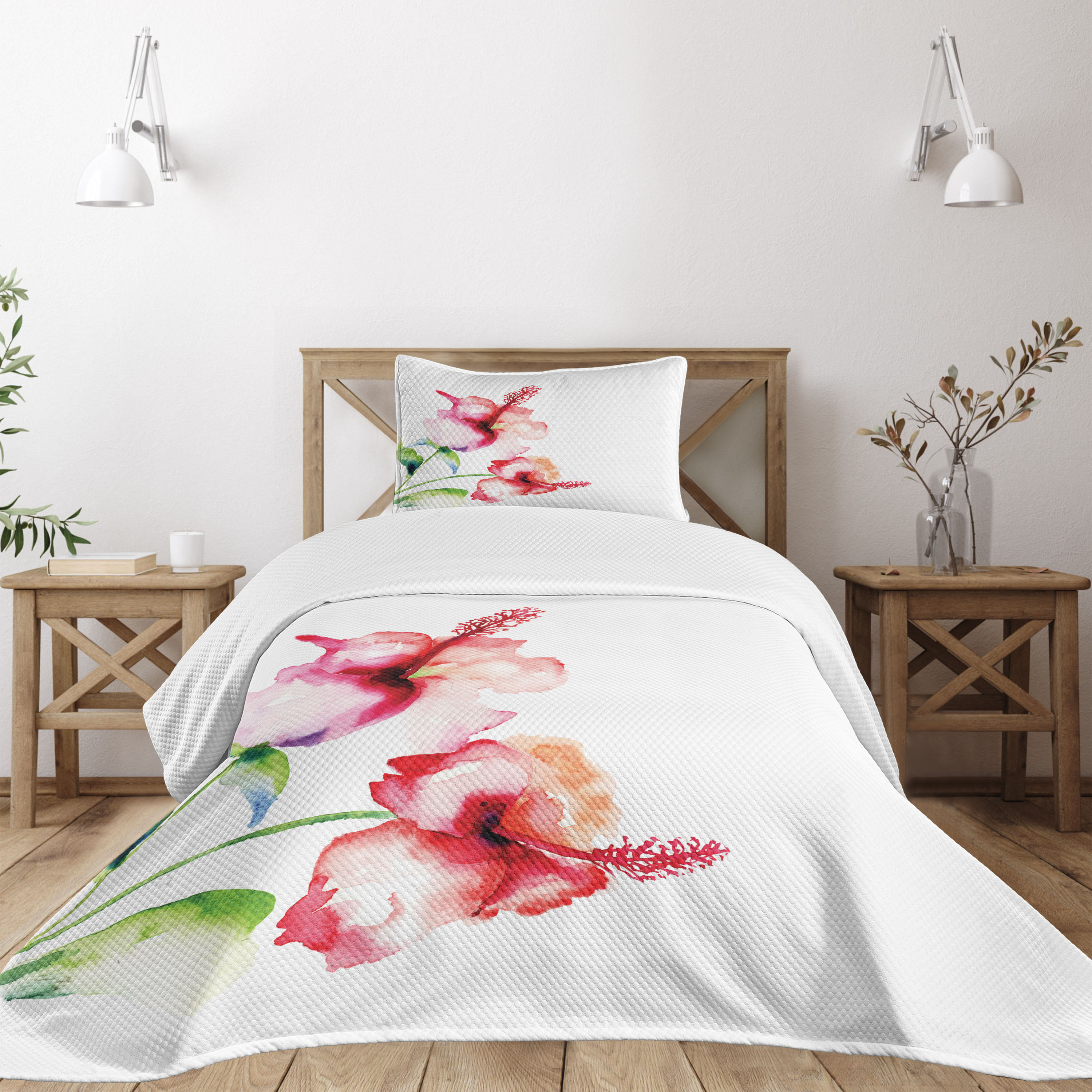Ambesonne Nature Bedspread Set Pastel Nature White Red Green | Wayfair