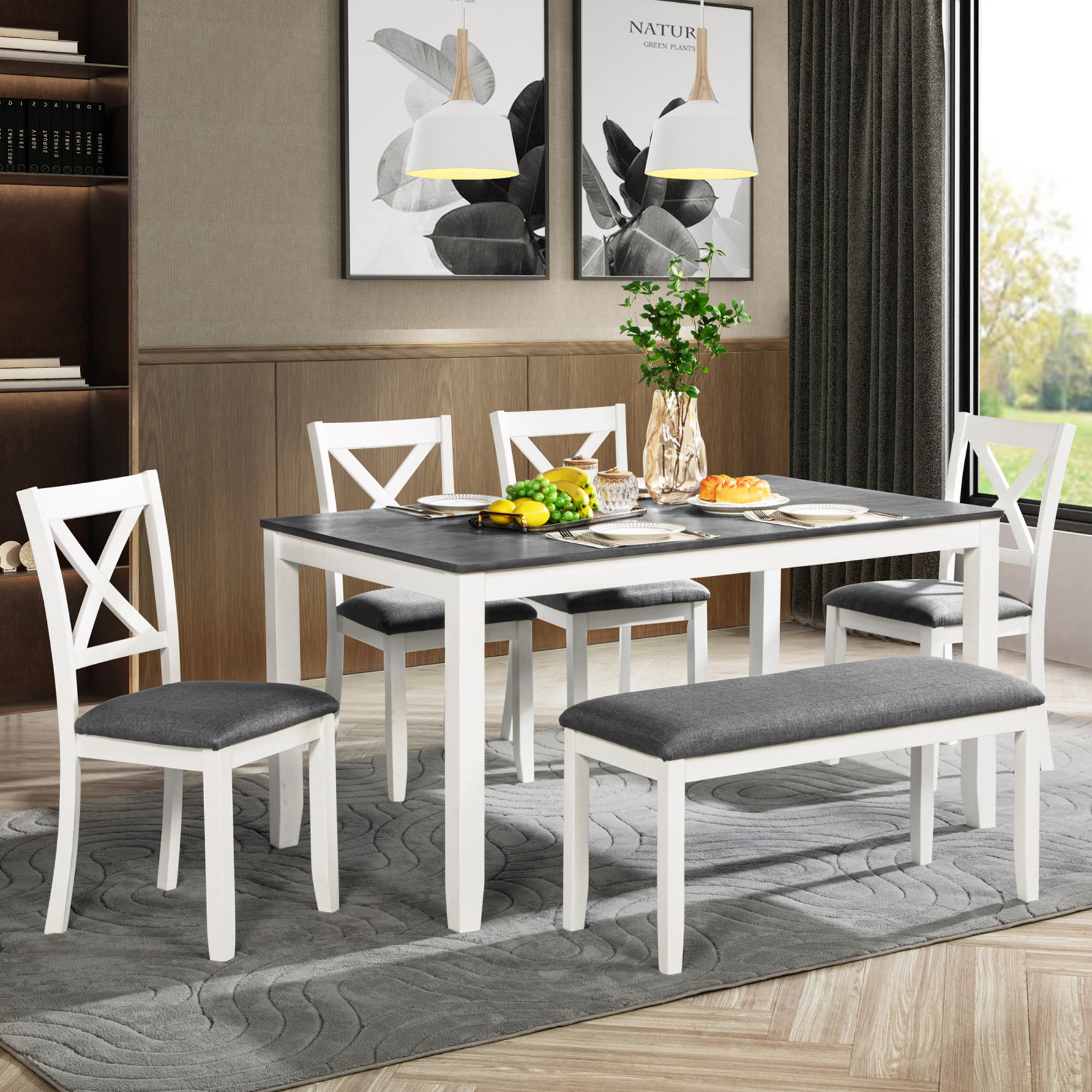 Gracie Oaks 6-Piece Dining Table Set With Bench, Wood Dining Table Set ...