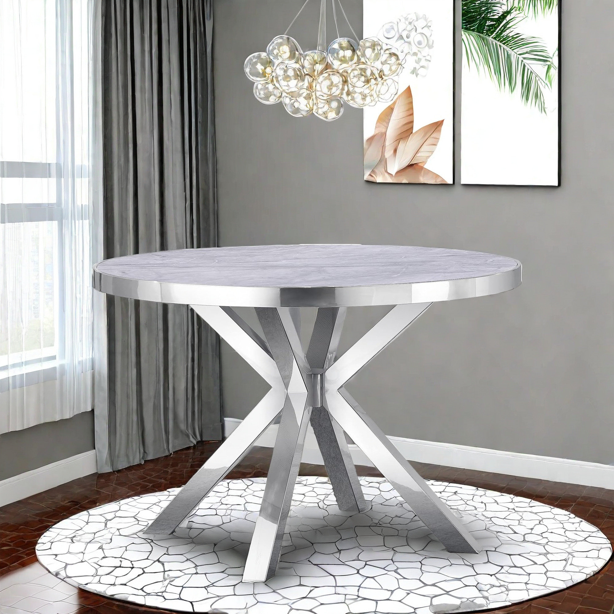 Ivy Bronx 45" Round Dining Table, Grey and Silver Round Table for ...