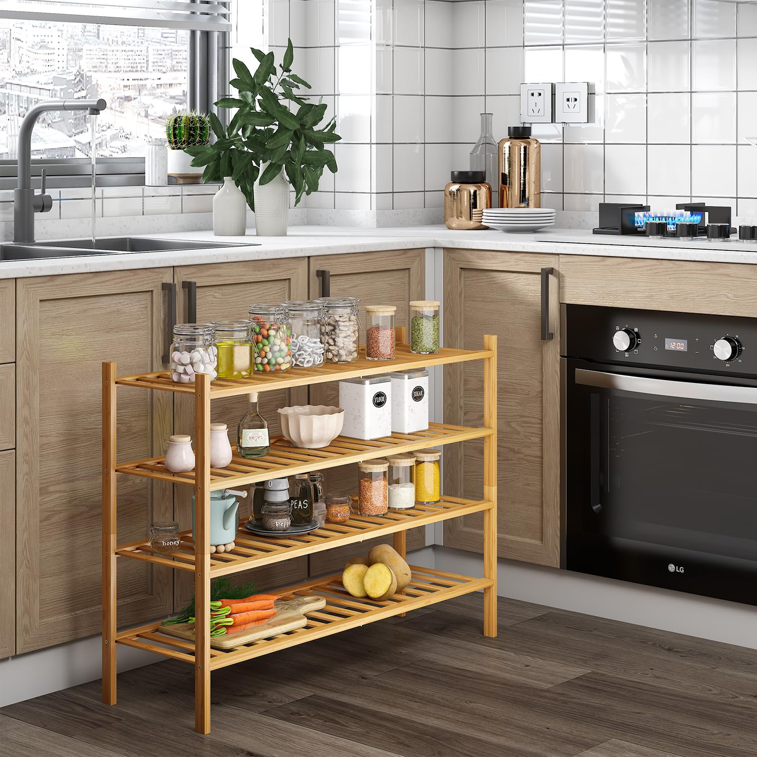 Lark Manor Sturdy 4-Tier-Long Bamboo Shoe Rack Stackable For Hallway ...