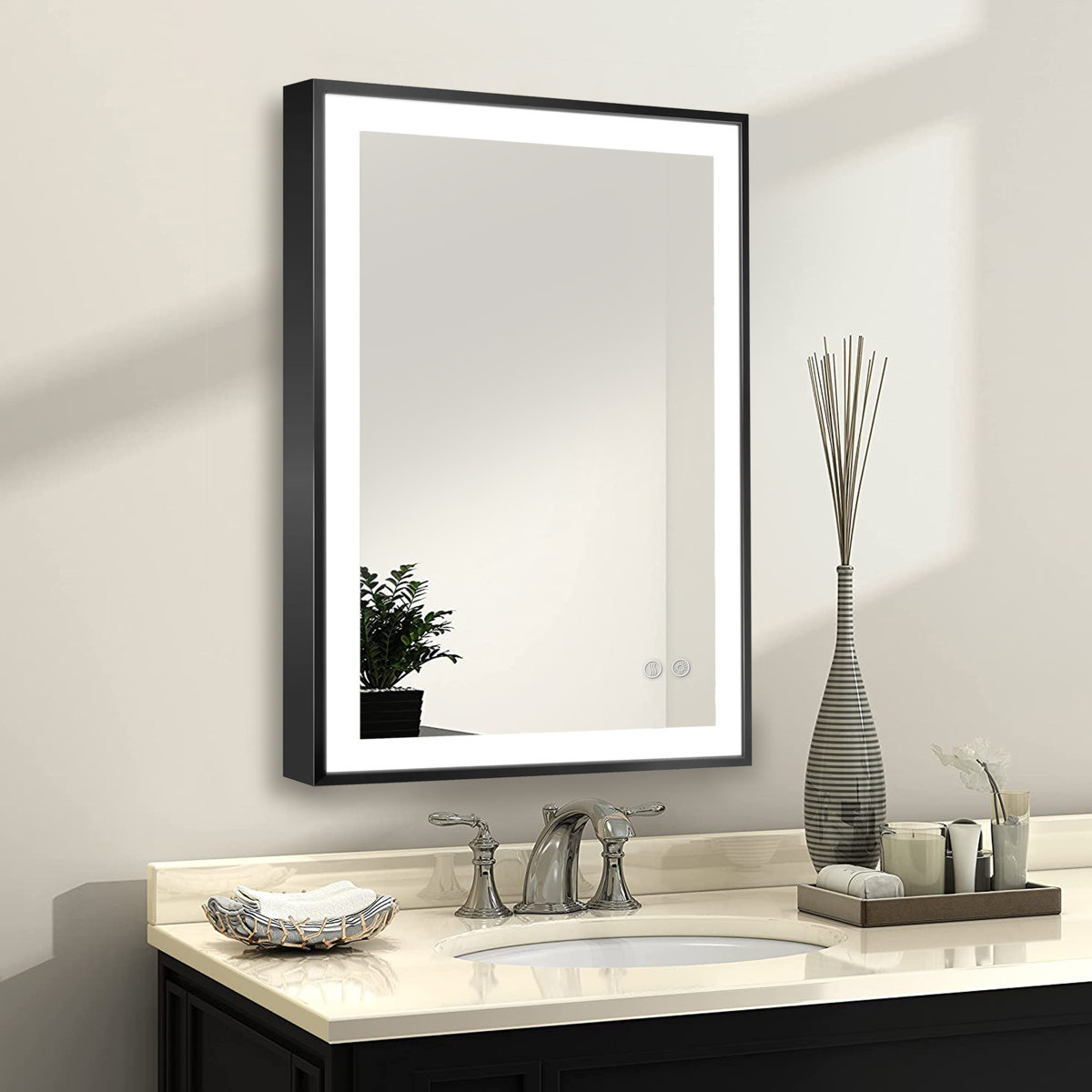 Orren Ellis Rectangle LED Mirror, Framed Vanity Mirror With Anti Fog ...