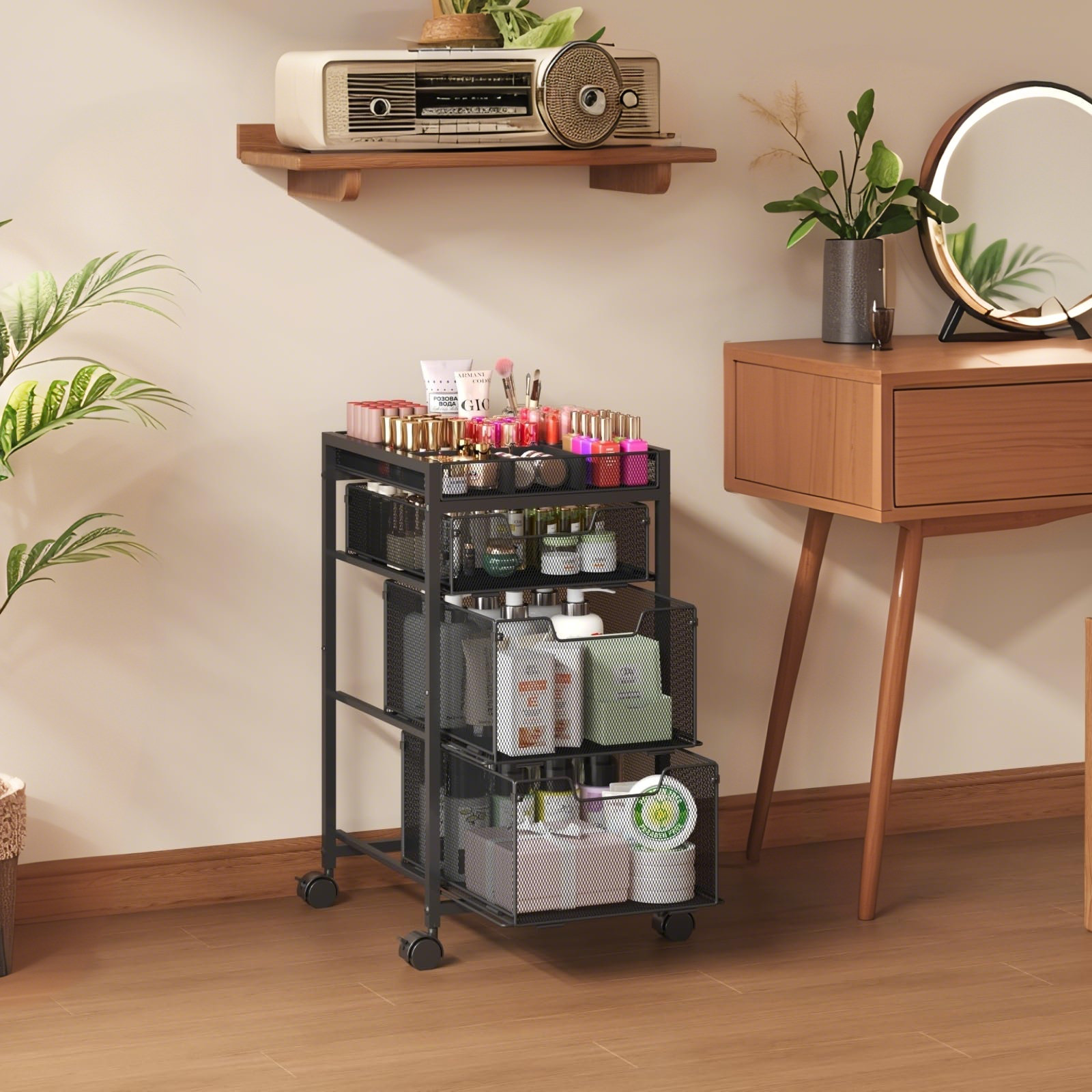 INTEGATOIC LLC 3-Drawer Rolling Makeup Cart With Adjustable Dividers ...