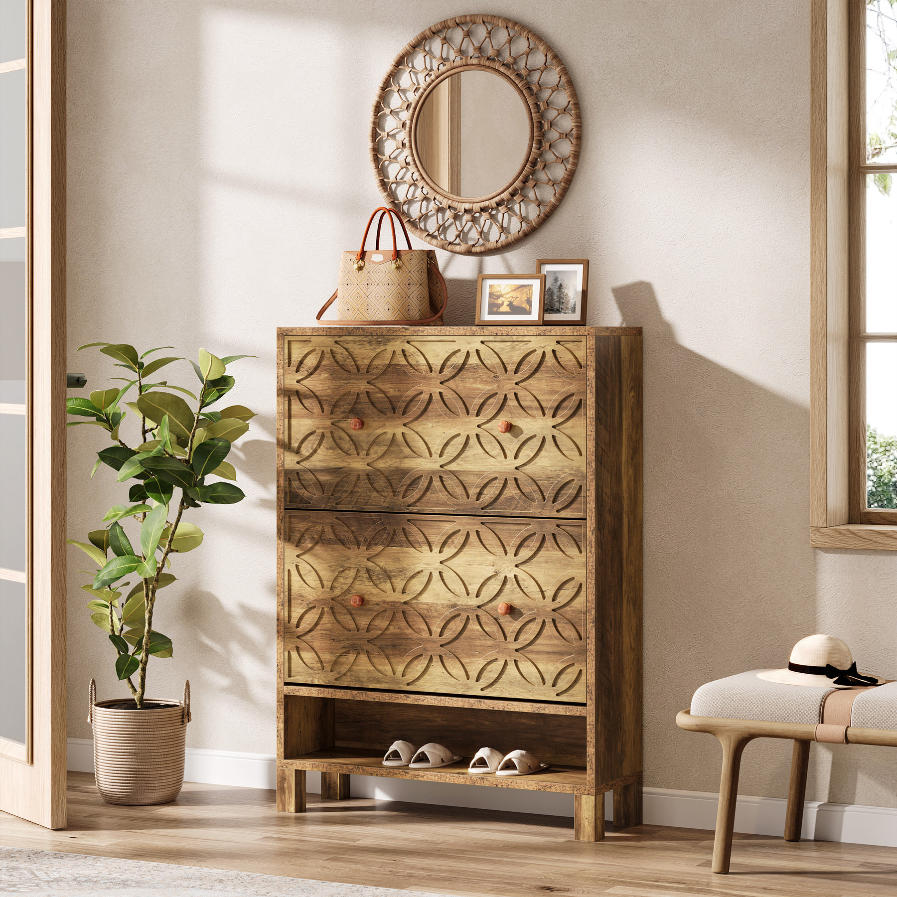 Millwood Pines Rustic Brown Shoe Cabinet with 2 Flip Drawers | Wayfair