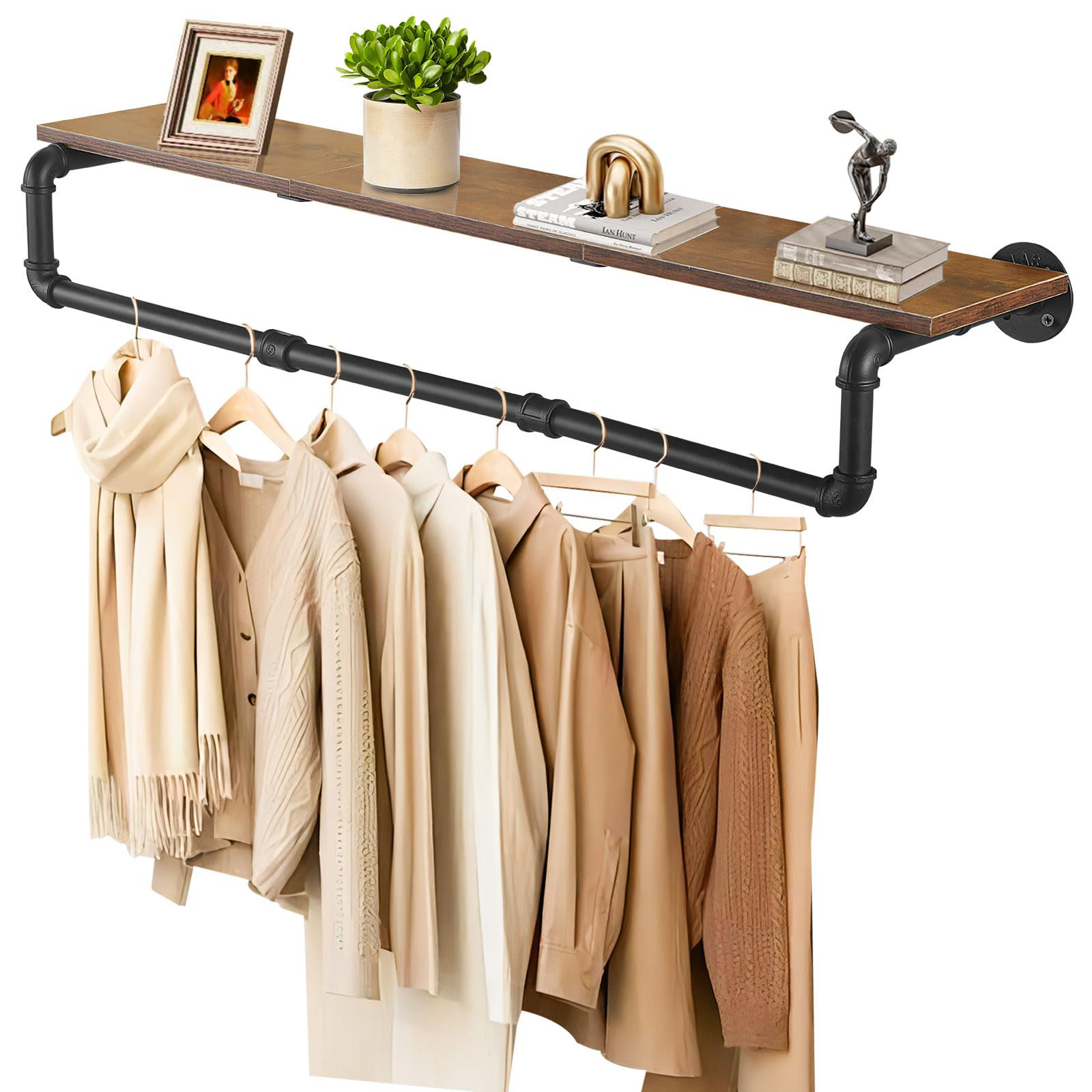 17 Stories Industrial Pipe Clothing Rack With Top Shelf, Closet Poles ...