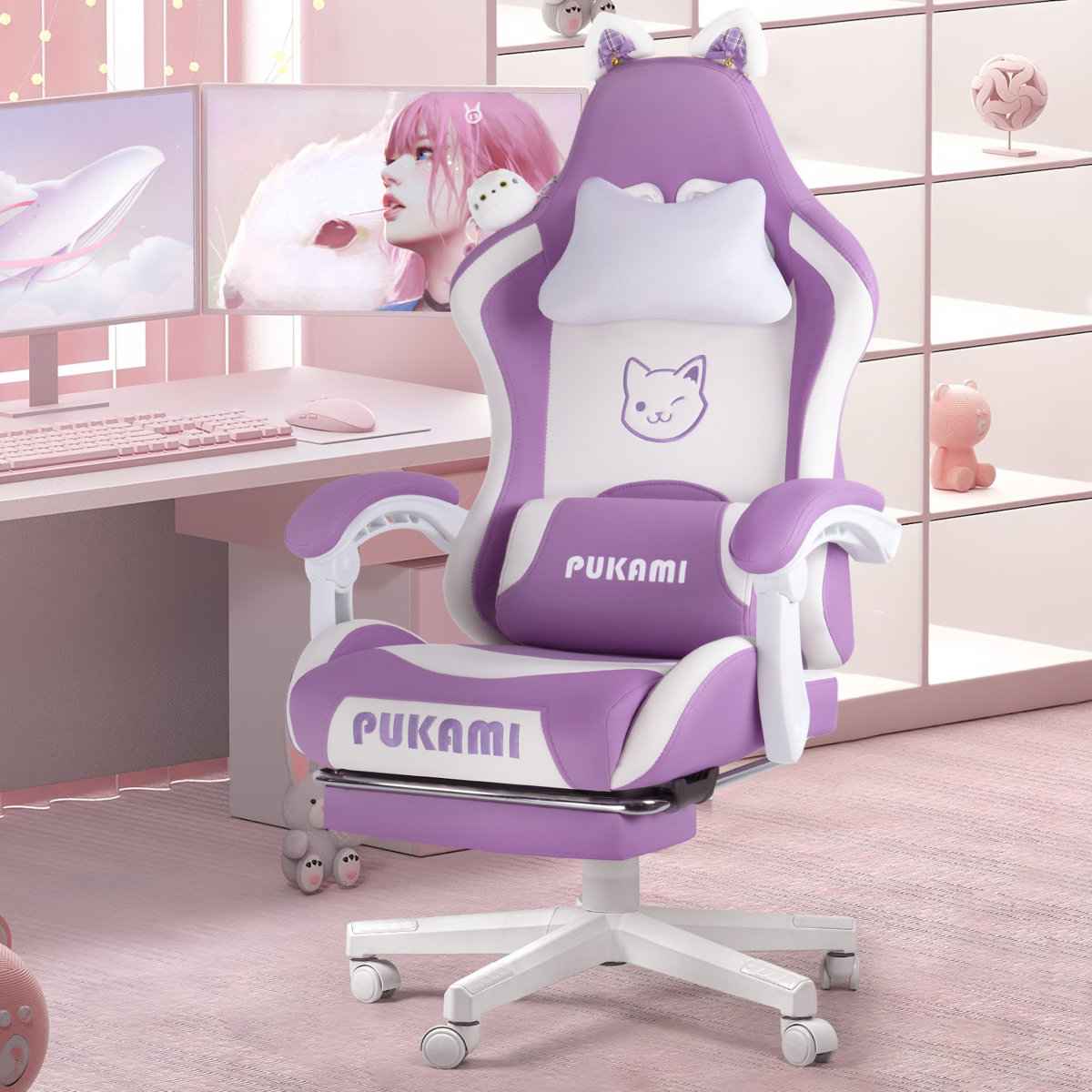 Ivy Bronx Gaming Chair With Cat Ears And Cat Paw Cushion Pillow,cute ...