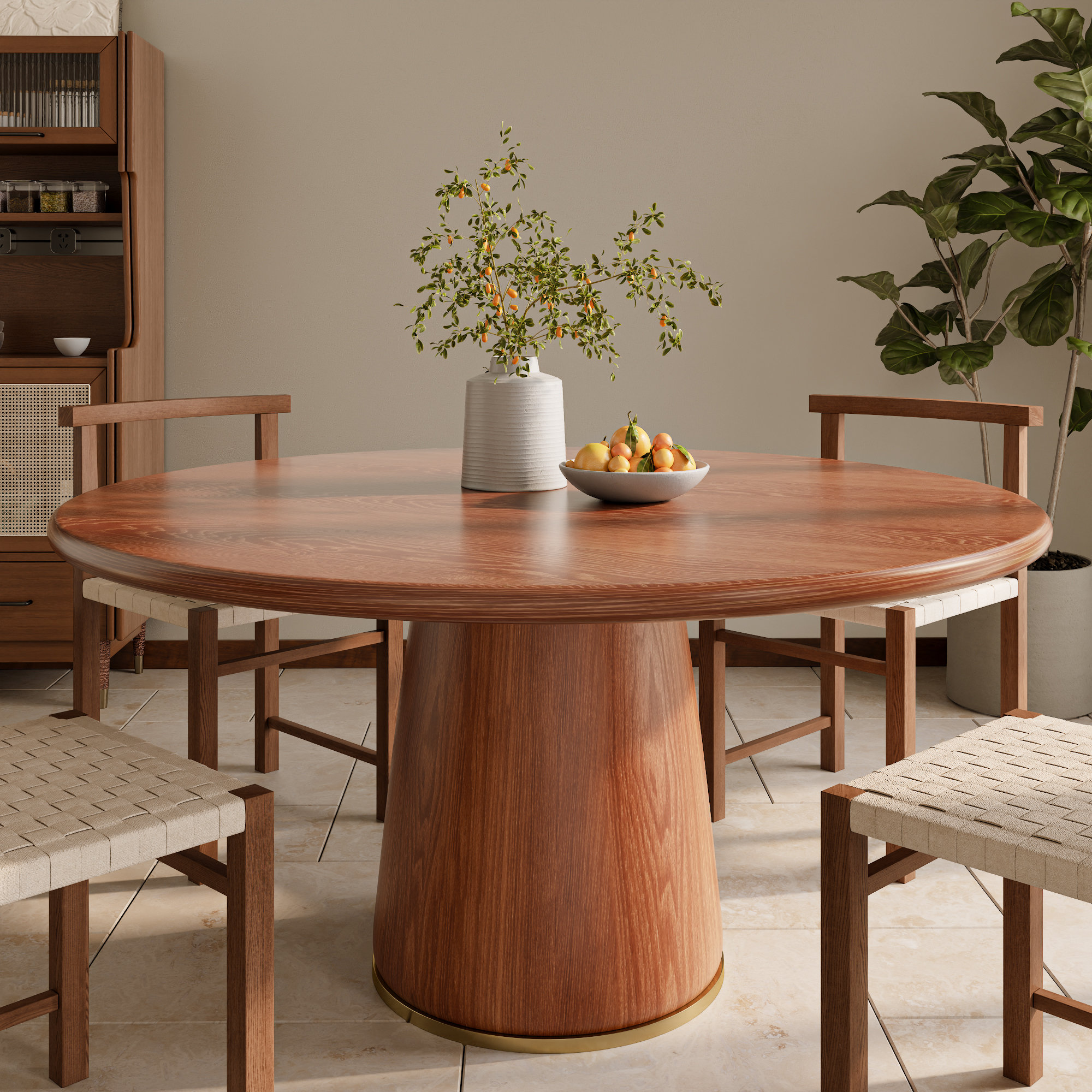 Ivy Bronx Solid Wood Walnut Color Round Desktop Pedestal Kitchen Table ...