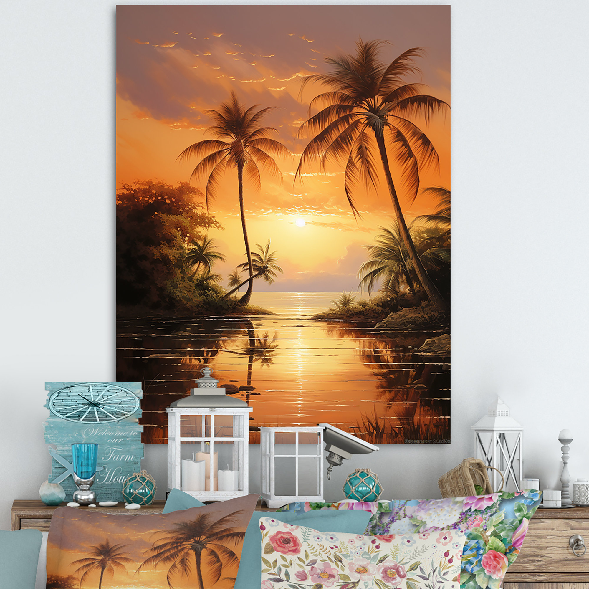 Design Art Palm Tree Tropical Getaway Sunset Bronze Beach - Nautical ...