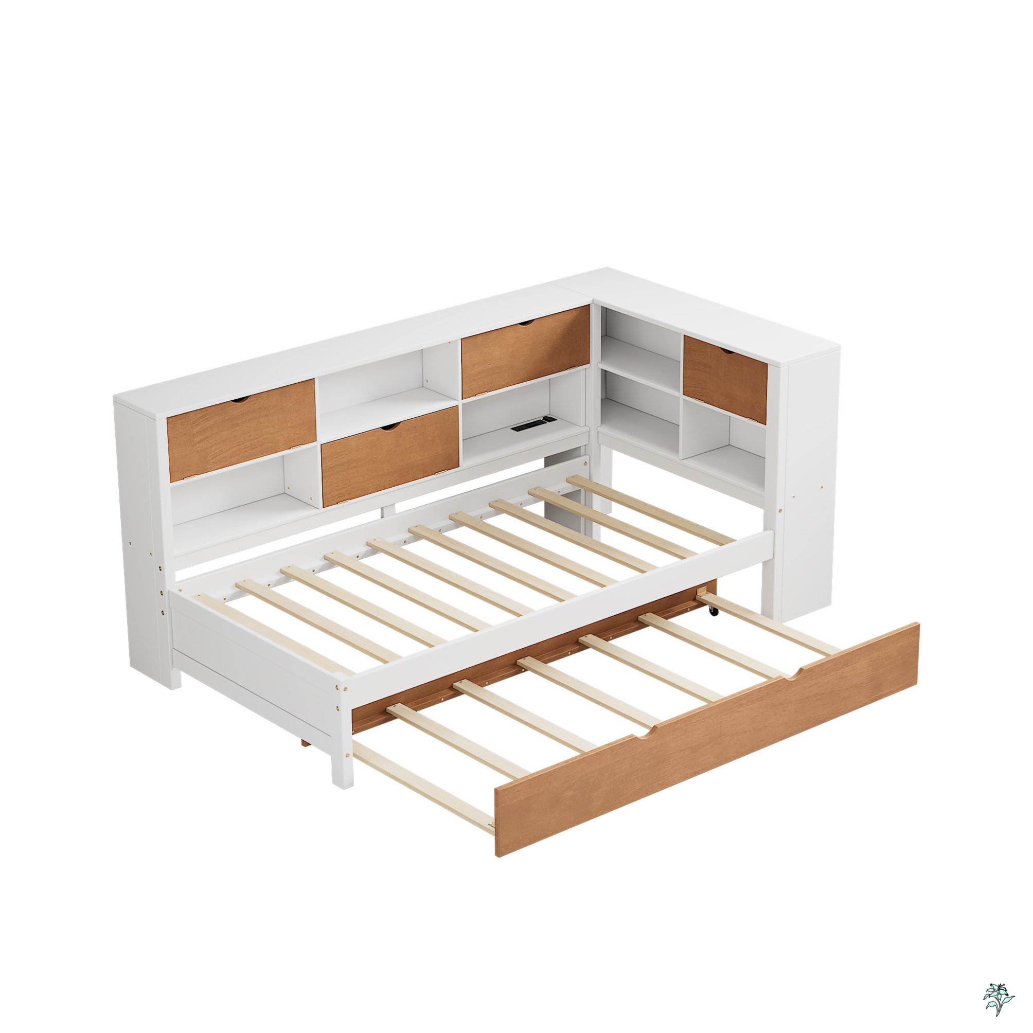 Brayden Studio® L-Shaped Bed Frame With Trundle And And Bookcase,Corner ...