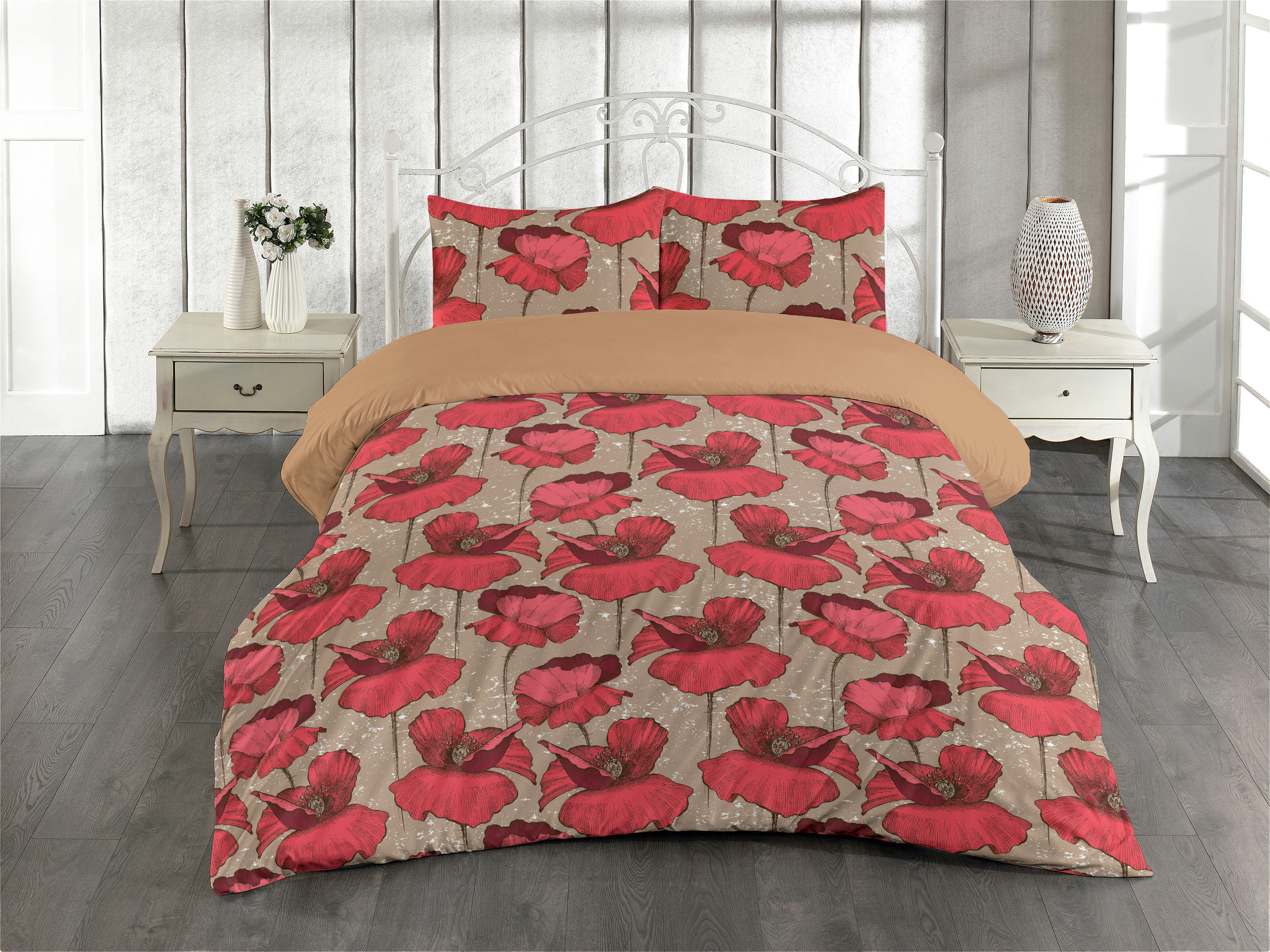 Ambesonne Poppy Duvet Cover Set Retro Garden Blooming Floral Dark Coral ...