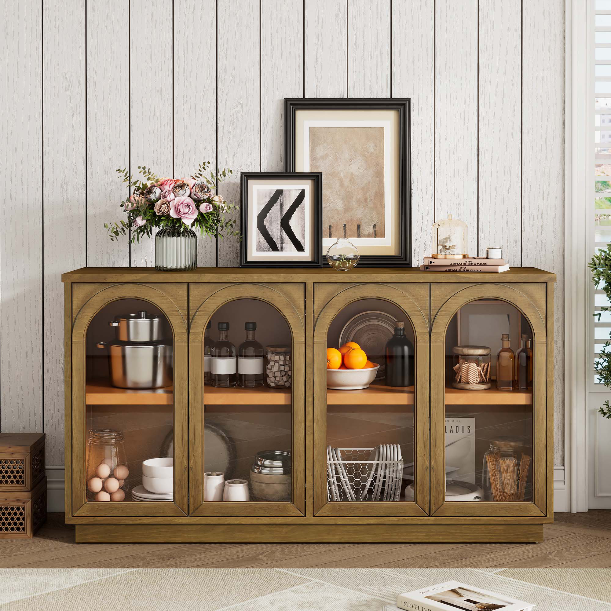 Latitude Run® 4-Door Large Storage Buffet Cabinet With Glass Doors ...